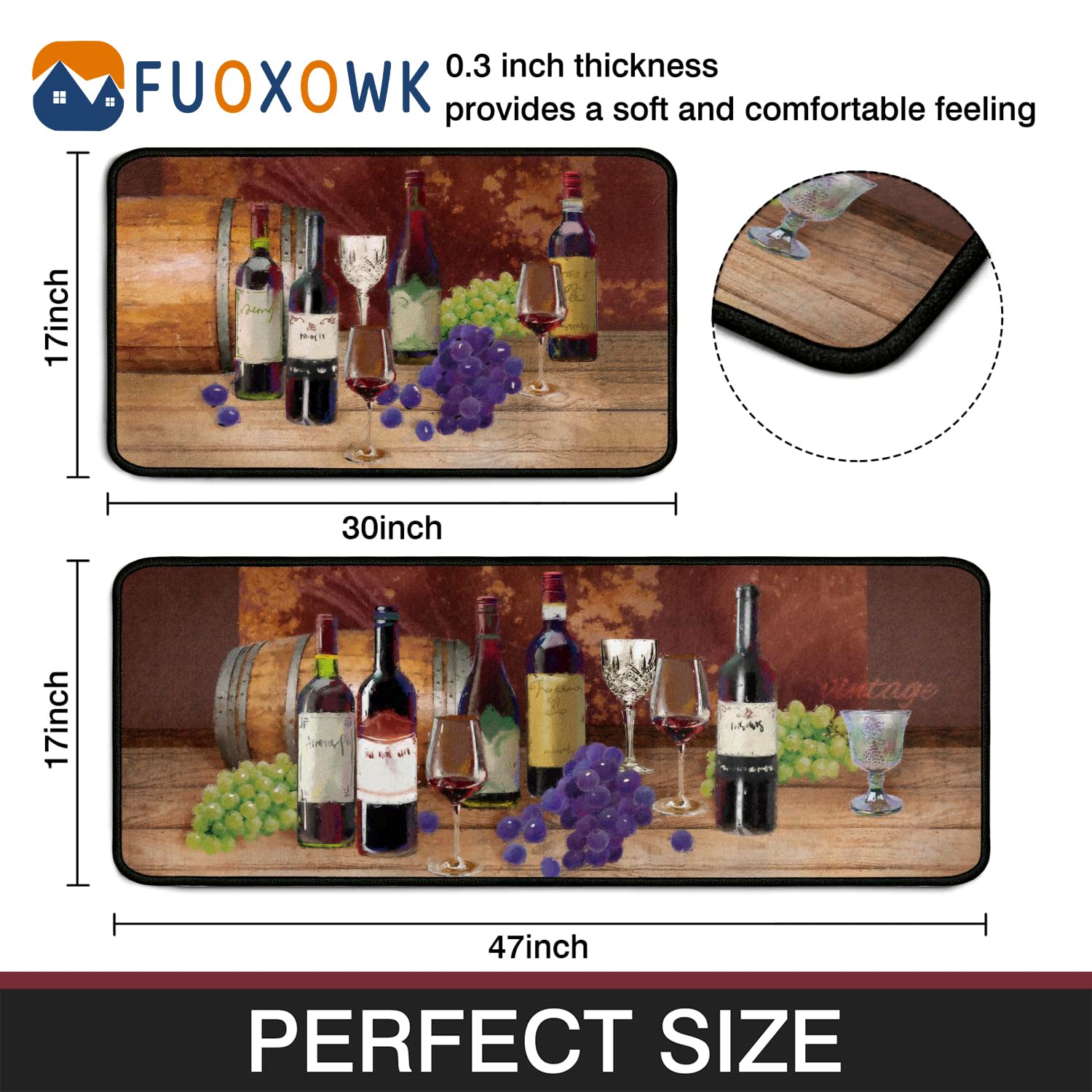 Kitchen Rugs and Mats Non Skid Washable-Fuoxowk Wine Decor Themed Kitchen Mat and Rug Set,Floor Cushion Waterproof Rug,Rubber Backed Area Rugs for Kitchen Sink,Laundry Room,Indoor Floor,Brown Burgundy