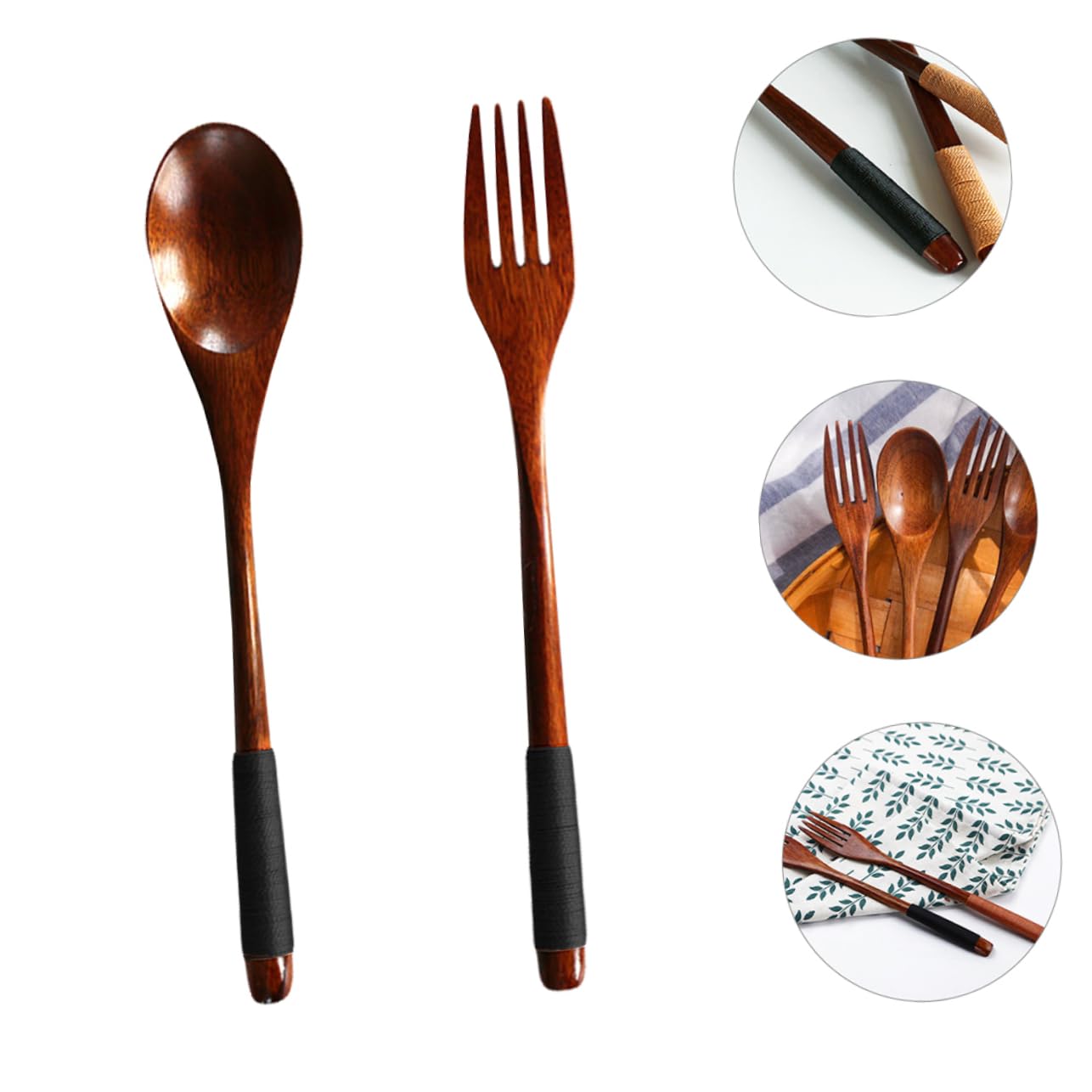 HOMSFOU 4pcs Japanese Wooden Handle Fork and Spoon Wood Soup Wood Cake Forks Stainless Steel Flatware Wooden Forks and Antique Flatware Wooden Tableware Kits Travel Salad Solid Wood