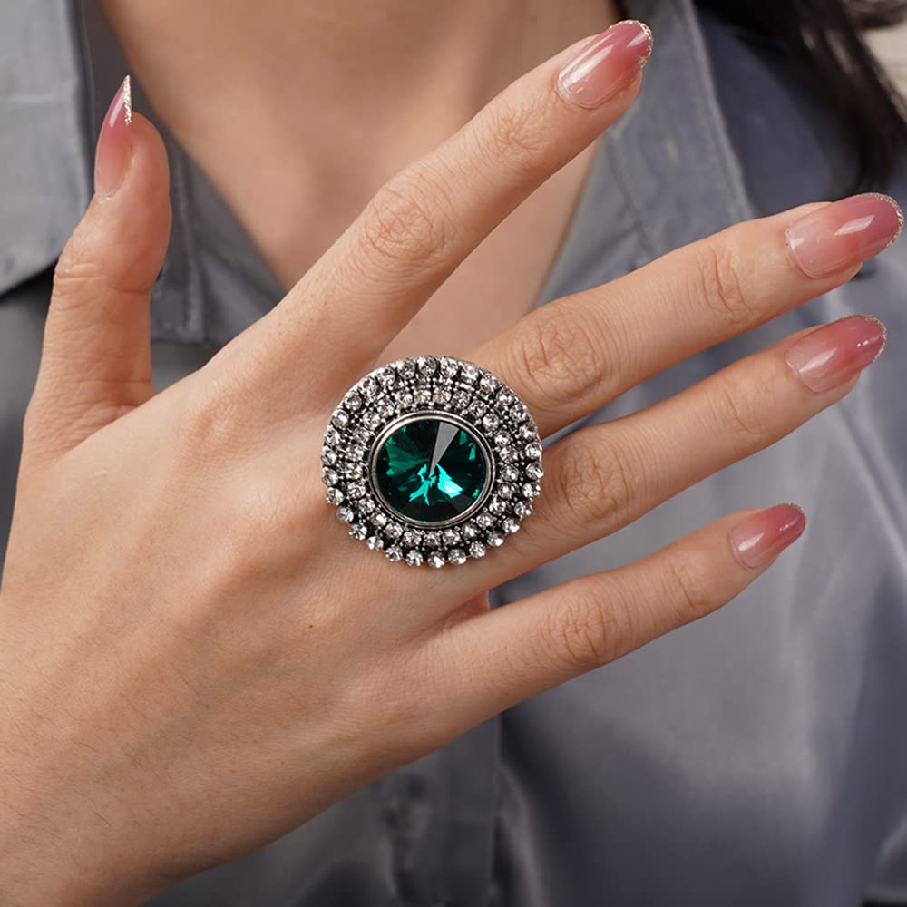 Jumwrit Vintage Knuckle Ring Open Band Ring Silver Rhinestone Ring Big Round Ring Adjustable Finger Ring Carved Ring Indian Ring for Women(Green)