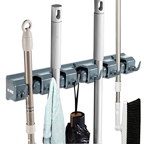 Mayjooy Wall-Mounted Mop Broom Holder, Home Storage Organizer Rack w/5 Positions & 6 Hooks, Hanging Tools Organizer for Garage/Laundry/Home/Kitchen, Utility Storage Rack, Grey