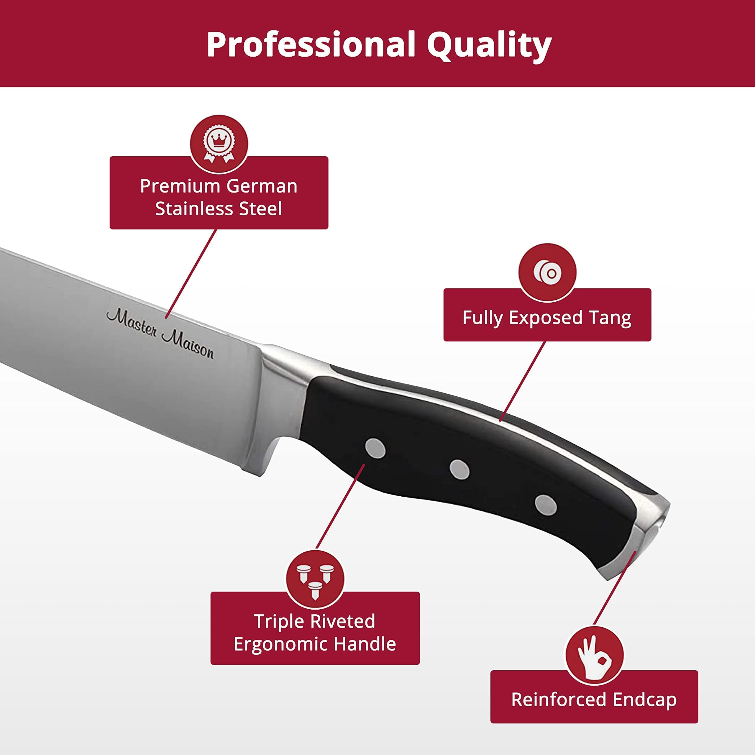 Master Maison Premium 19-Piece Kitchen Knife Set With Wooden Storage Block And Damascus Steel Granton Edge Carving Knife Set With Edge Guard Cover & Gift Box | German & Japanese Stainless Steel, Black