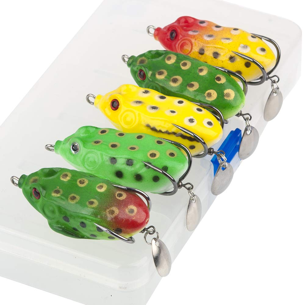 Honicol Fishing Lures for Bass Topwater Frog Lure - Weedless Lures Soft Plastic Fishing Bait, 5pcs Toad Lures with Tackle Box