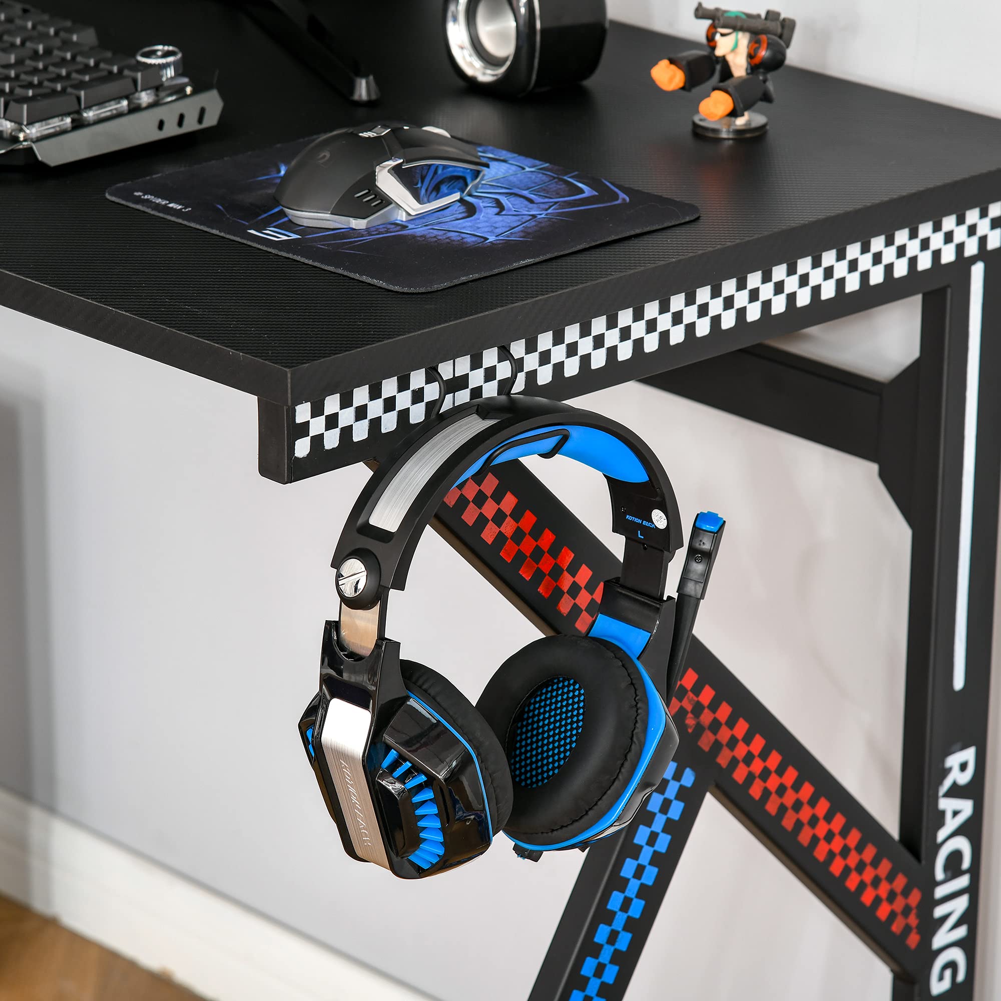 HOMCOM 43" Racing Style Gaming Desk with Multi-Colored K Steel Frame Design and Headset Side Hook, Black/Multi