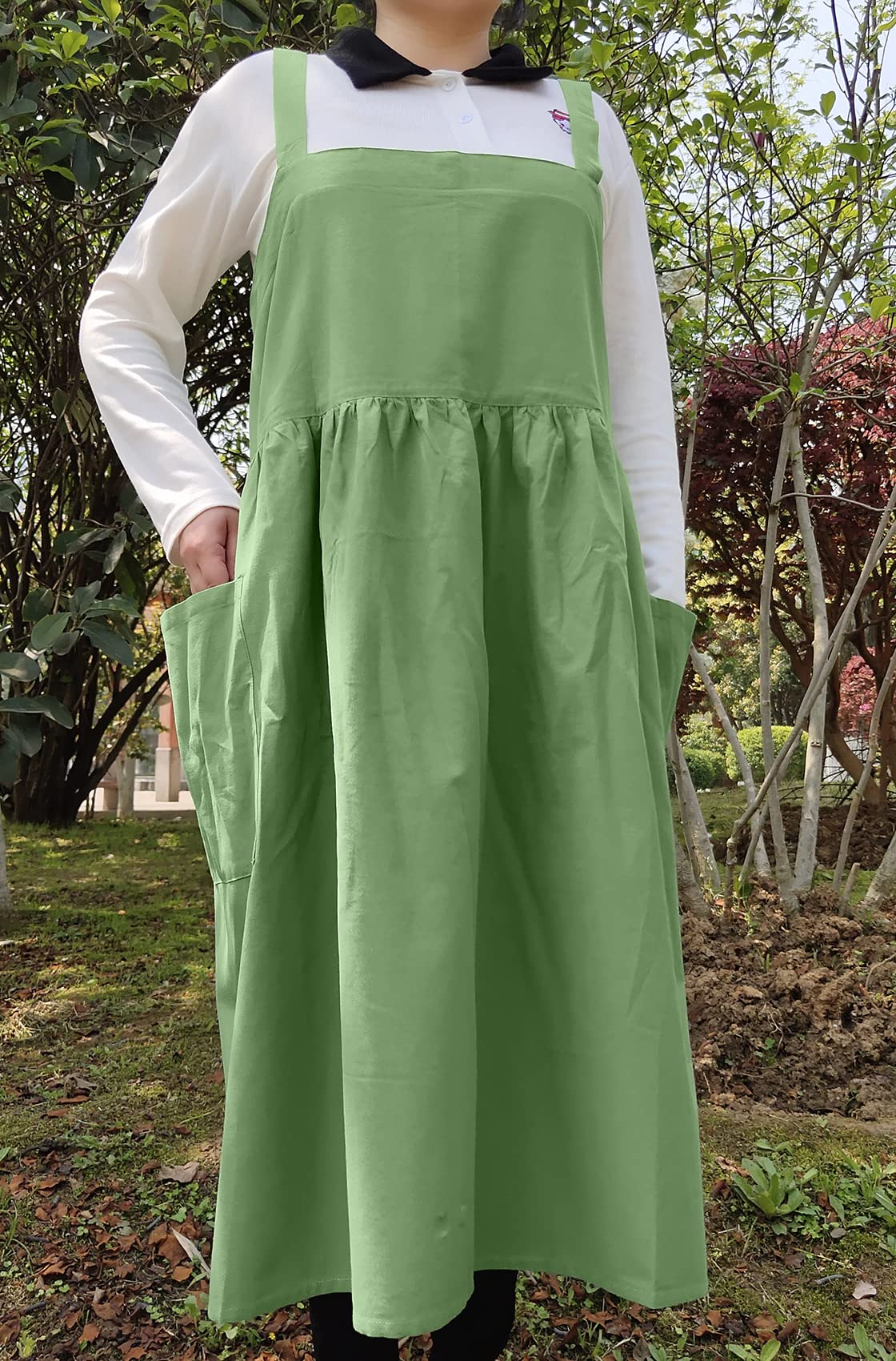 losofar Cotton Linen Square Dress Overalls Kitchen Gardening Solid Color Apron Flower Shop Smock (Green, 92cmx110cm)