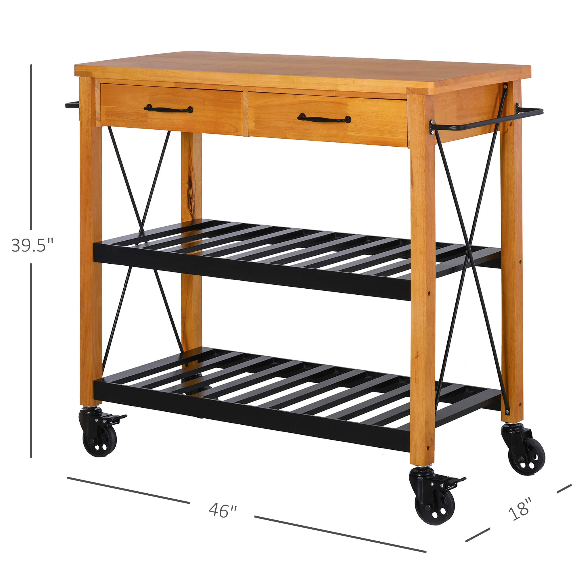 HOMCOM 46" Kitchen Island Cart Rolling Utility Cart with 2 Drawers, Open Storage Shelves & Handle Racks