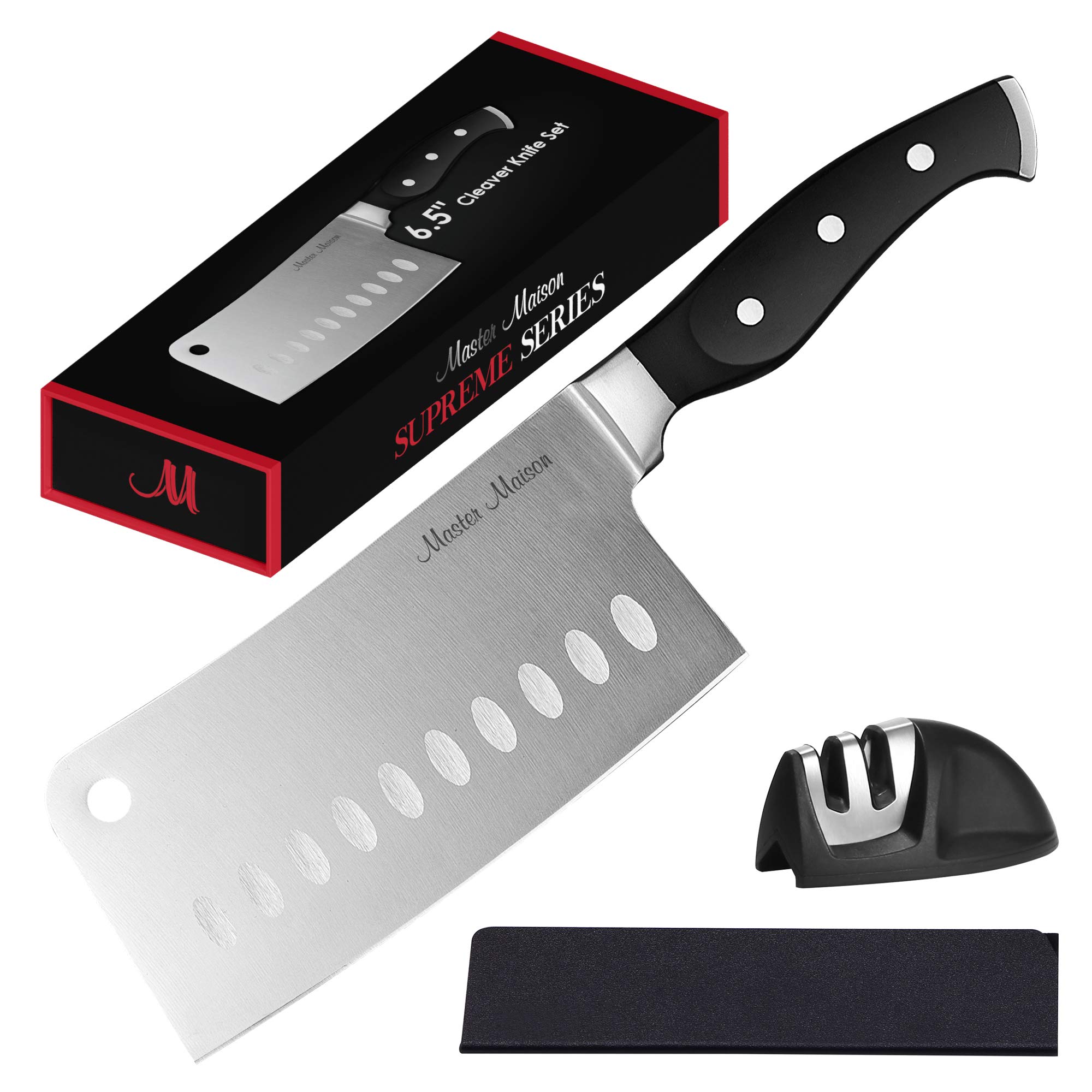 Master Maison Walnut Kitchen Knife Set With Knife Block & Bonus Cleaver | German Stainless Steel Knives With Knife Sharpener & 8 Steak Knives | Butcher Block Knife Sets For Kitchen