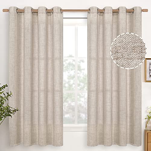 YoungsTex Natural Linen Curtains 63 Inch Length 2 Panels Burlap Linen Textured Curtains with Bronze Grommet Privacy Light Filtering Window Drapes for Living Room, 52 X 63 Inch