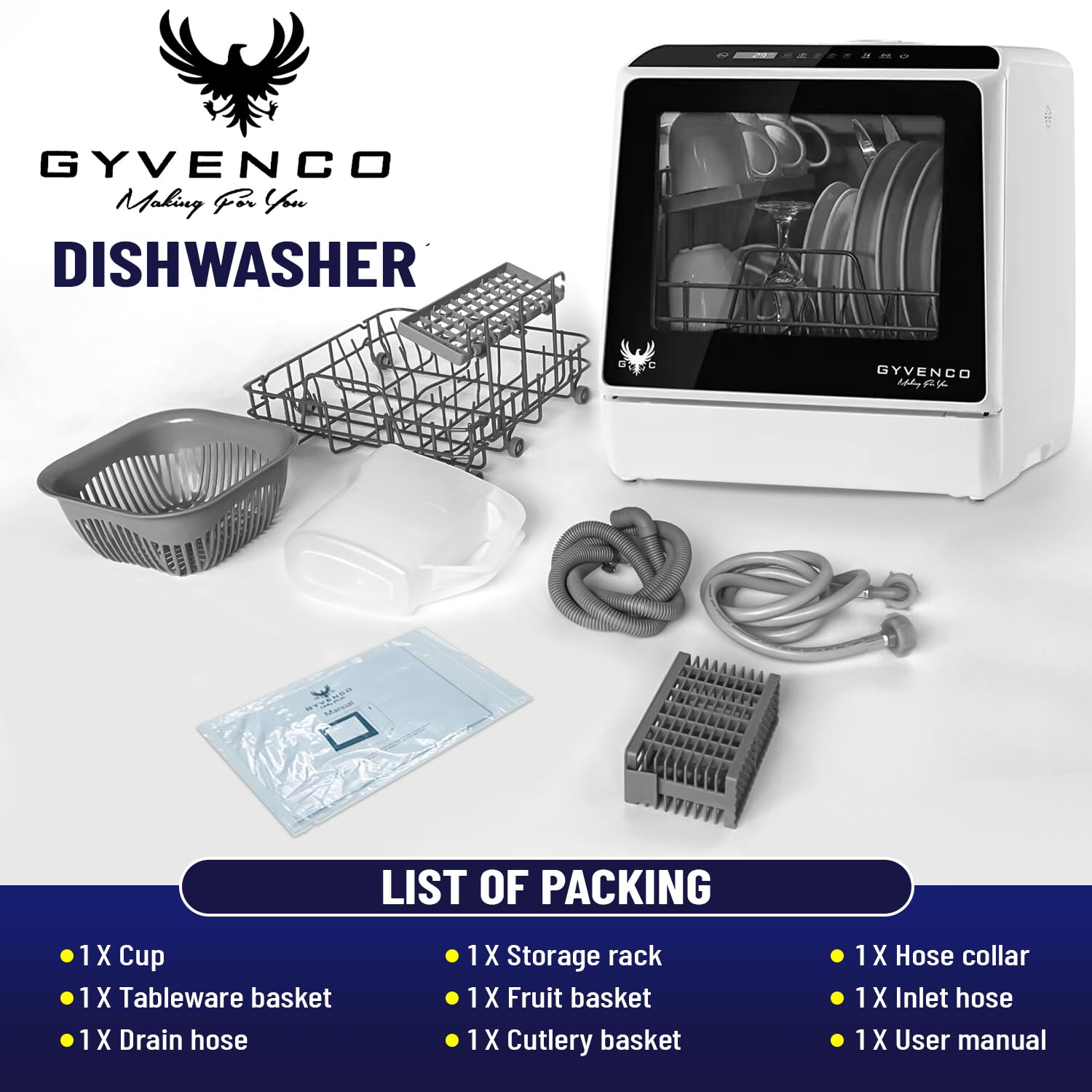 Portable dishwasher countertop with 5L Built- in Water Tank,6 programs for washing, No hookup needed,360° Dual Spray,192℉-High-Temp and Air Dry function, mini dishwasher RVs, lavaplatos