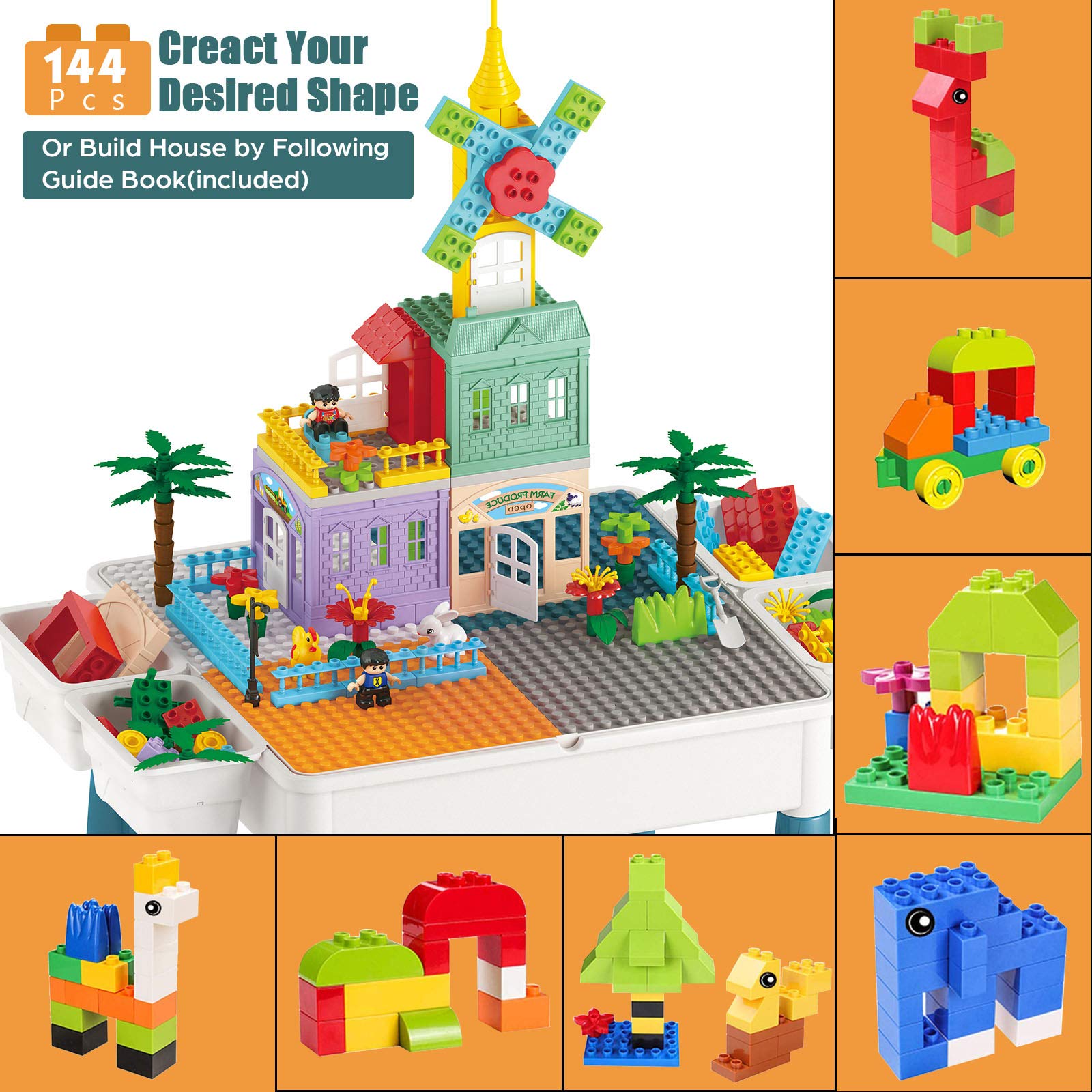 HOMETALL Blocks Table with Storage & Chair for Kids Ages 4-8, Multi Activity Table Set for Toddlers Building, Drawing and Dining, Children Play Table Include 144Pcs Compatible Bricks Toy