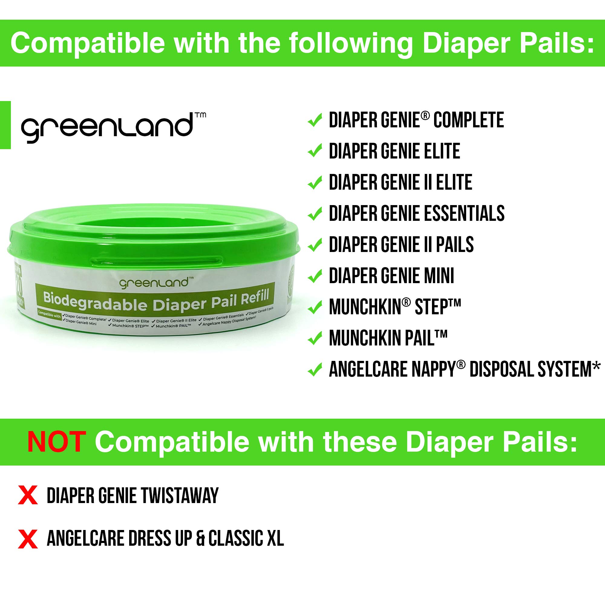 Greenland Biodegradable Diaper Pail Refills Compatible with Diaper Genie & Munchkin. Contains Silver Ion Protection. 3-Pack (960 Count – Extra Long Refills)