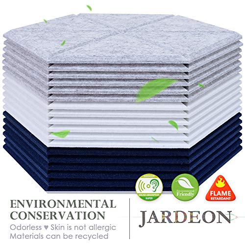 Jardeon Hexagon 3D Textured Acoustic Panels Silver Grey Sound Proof Padding Decorative Wall Tiles, Line Carving Exclusive Design, 14'' X 13'' X 0.4'', 6 Pack