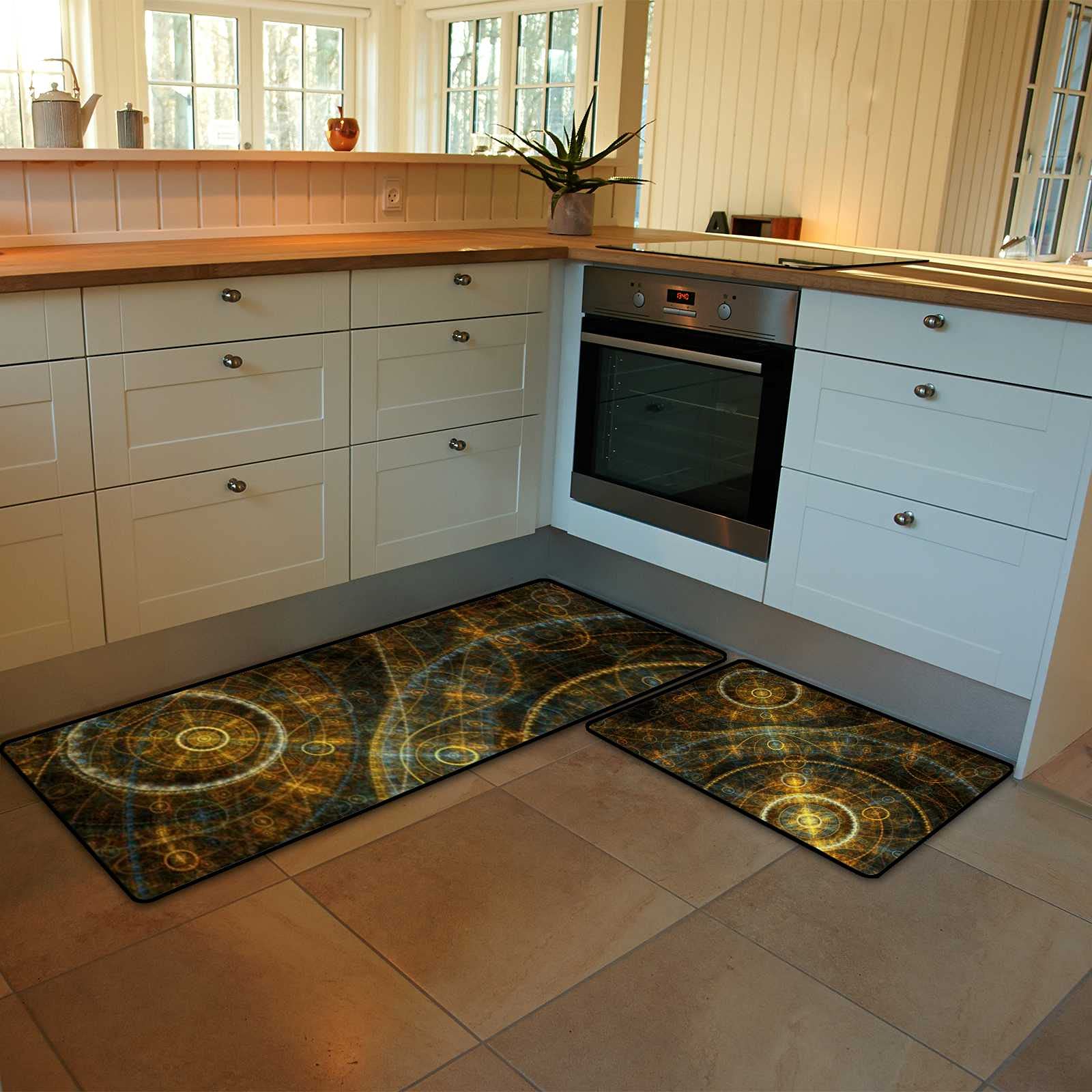 Kitchen Rugs and Mats Set of 2 Pieces Anti Fatigue Standing Mat Golden Mechanical Compass Steampunk Non Slip Washable Comfort Flooring Carpet Runner for Kitchen Home