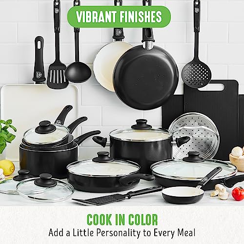 GreenLife Soft Grip Healthy Ceramic Nonstick 23 Piece Kitchen Cookware Pots and Frying Sauce Saute Pans Set with Kitchen Utensils, PFAS-Free, Dishwasher Safe, Black