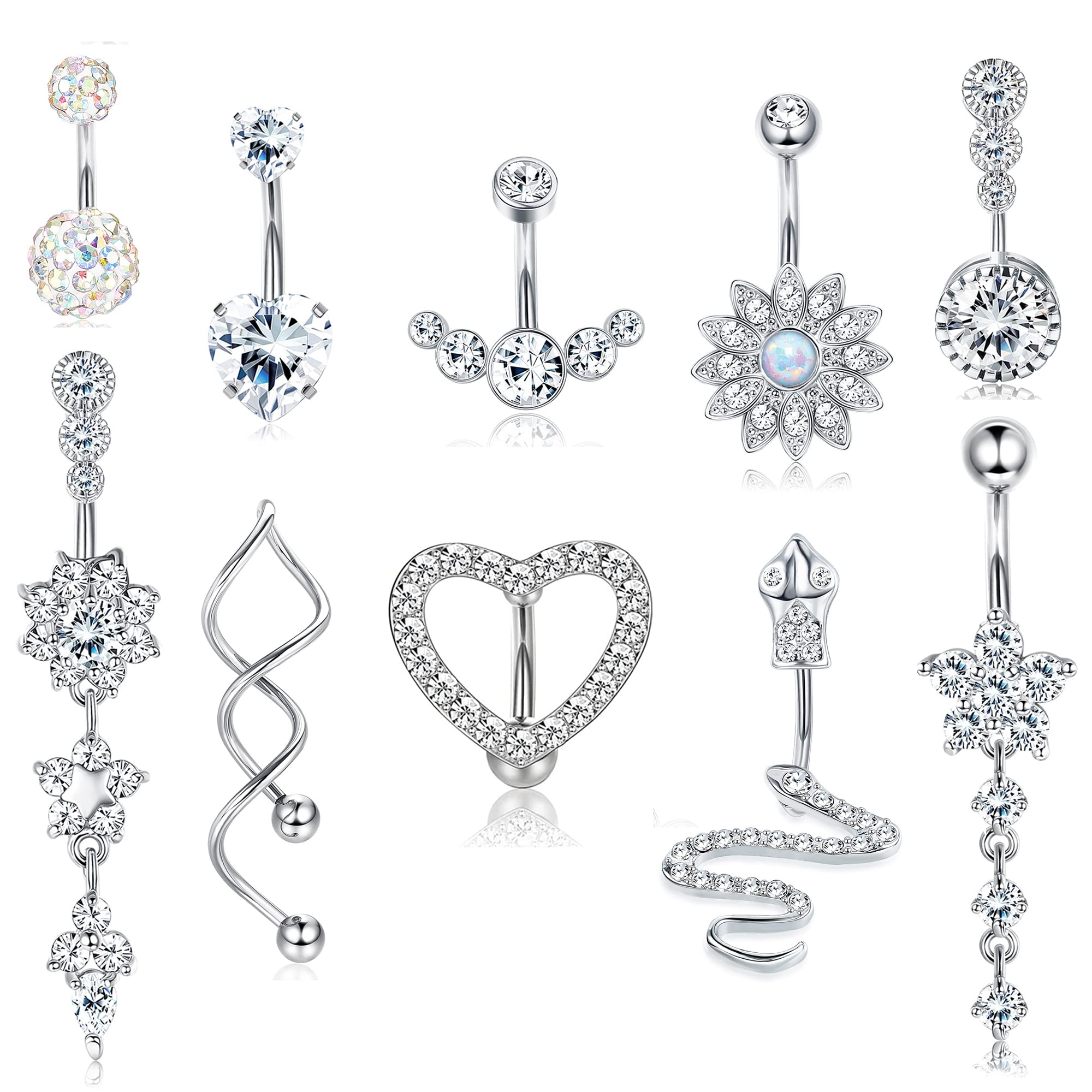 Jstyle Surgical Steel Belly Button Ring for Women Belly Piercing Dangling Cute Heart Butterfly Navel Rings Pack Silver