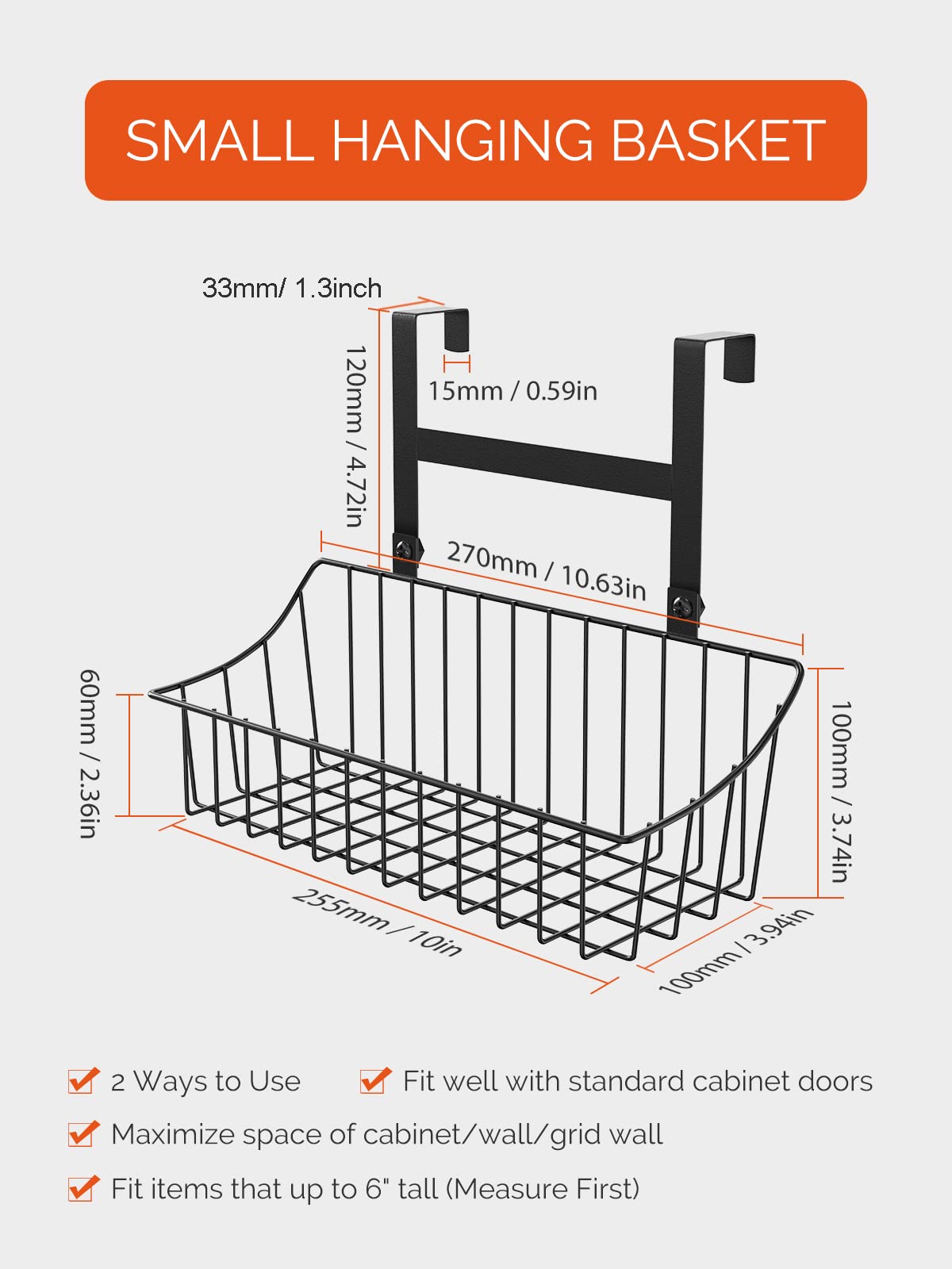 MaraFansie Grid Storage Basket, Over the Cabinet Door Organizer, Wire Hanging Basket with Hook Over the Cabinet/Railing, Under Sink Kitchen Cabinet, Pantry, Bathroom, Small, Black, 2 Pack