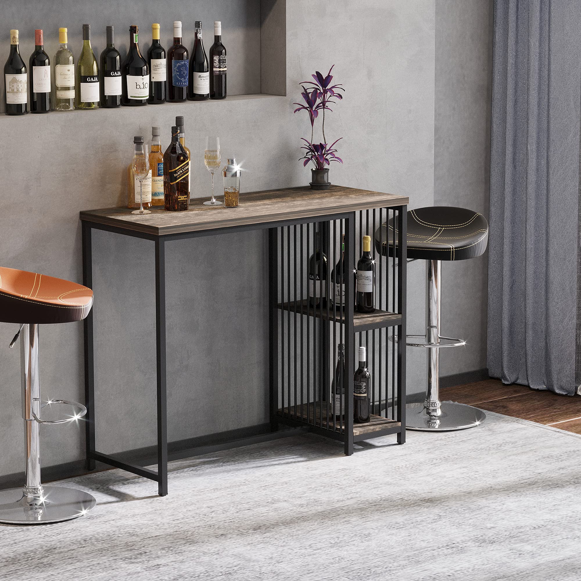 HOMCOM Industrial Steel Tube Bar Table with Wood Top, Steel Frame, 2-Tier Storage Shelf, Adjustable Footpad, Pub Table for Kitchen Dining Room, Walnut