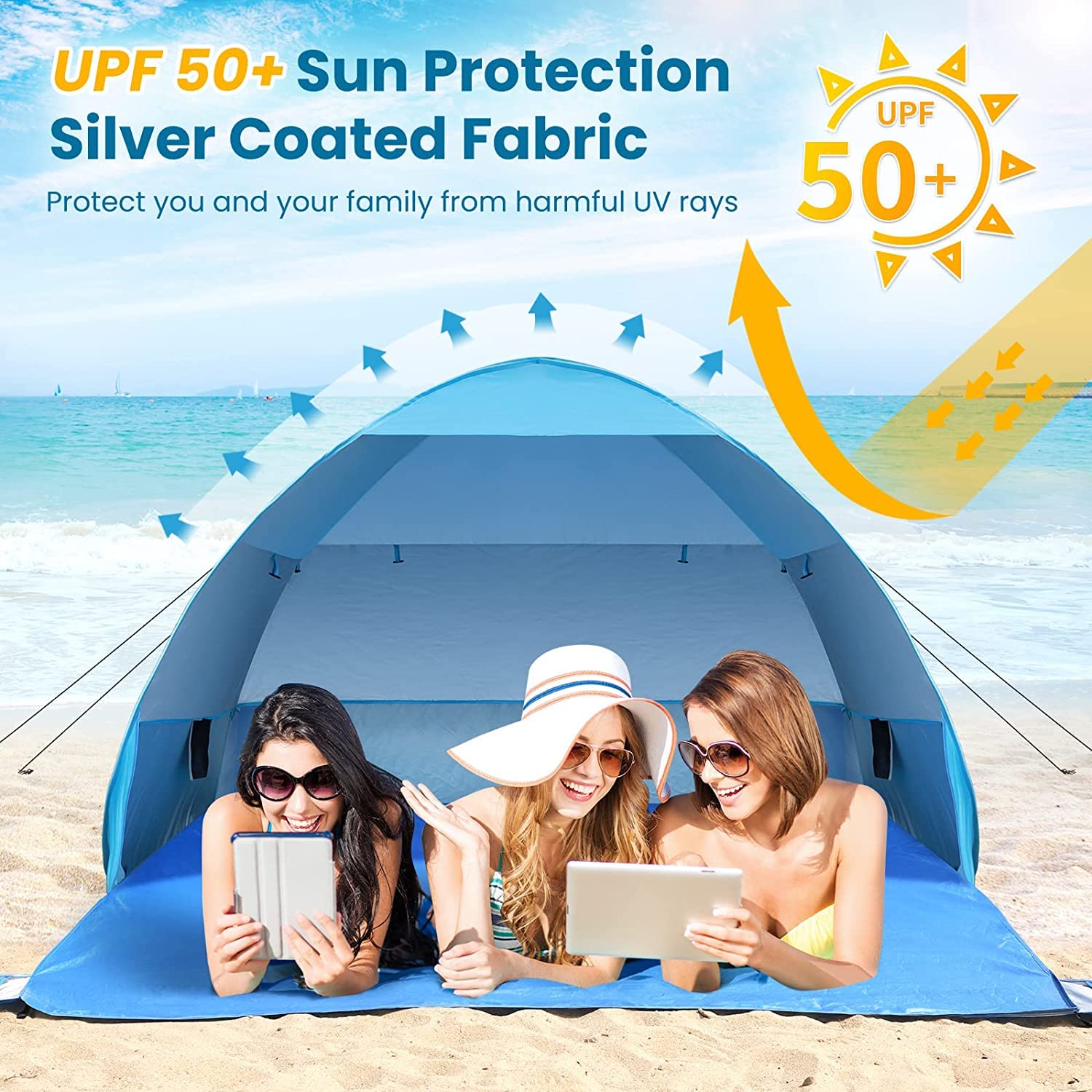Large Pop Up Beach Tent for 3-4 Person, UPF 50+ Beach Sun Shade, Automatic Beach Sun Shelter Umbrella with Carry Bag, Lightweight and Easy Set Up