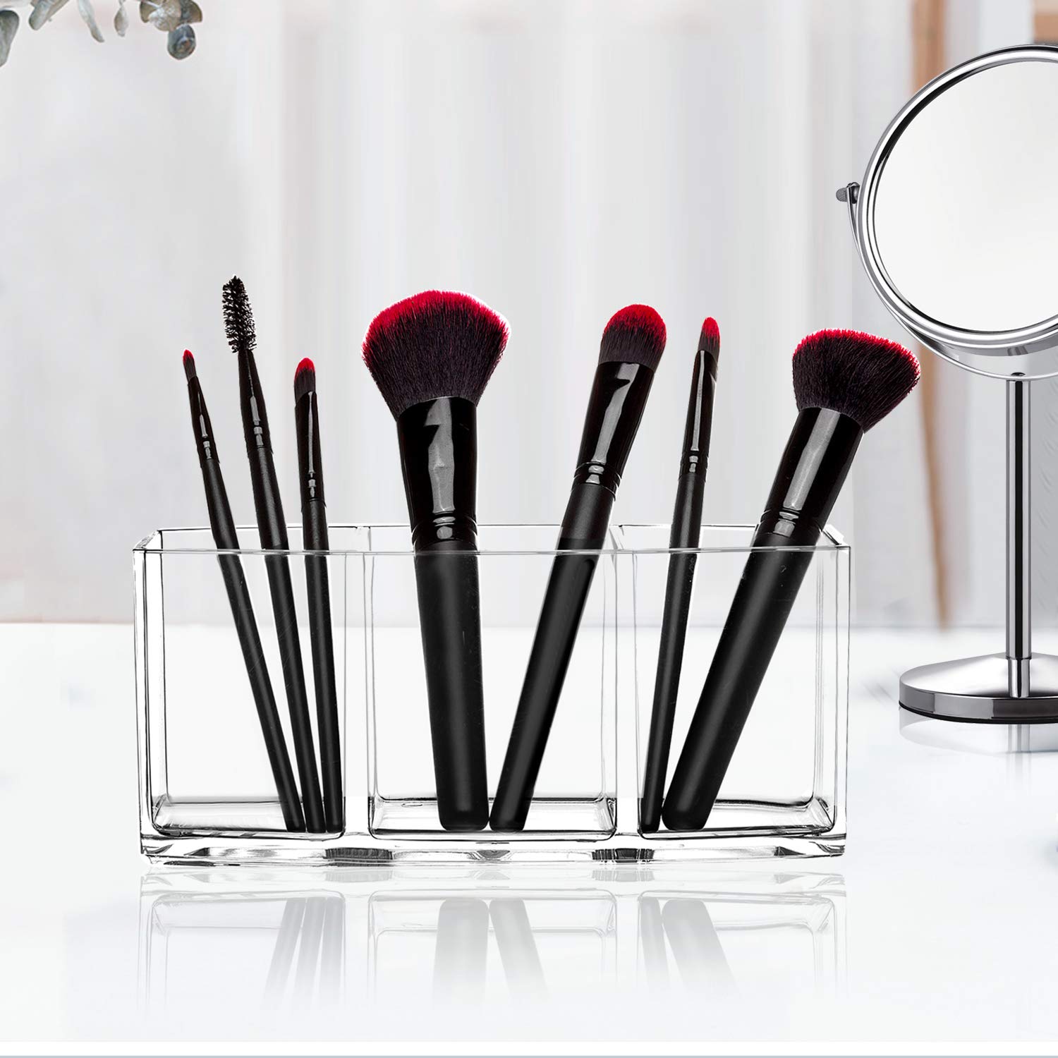 HBlife Clear Makeup Brush Holder Organizer, Acrylic Cosmetic Brushes Storage with 3 Slots, Eyeliners Display Case for Vanity
