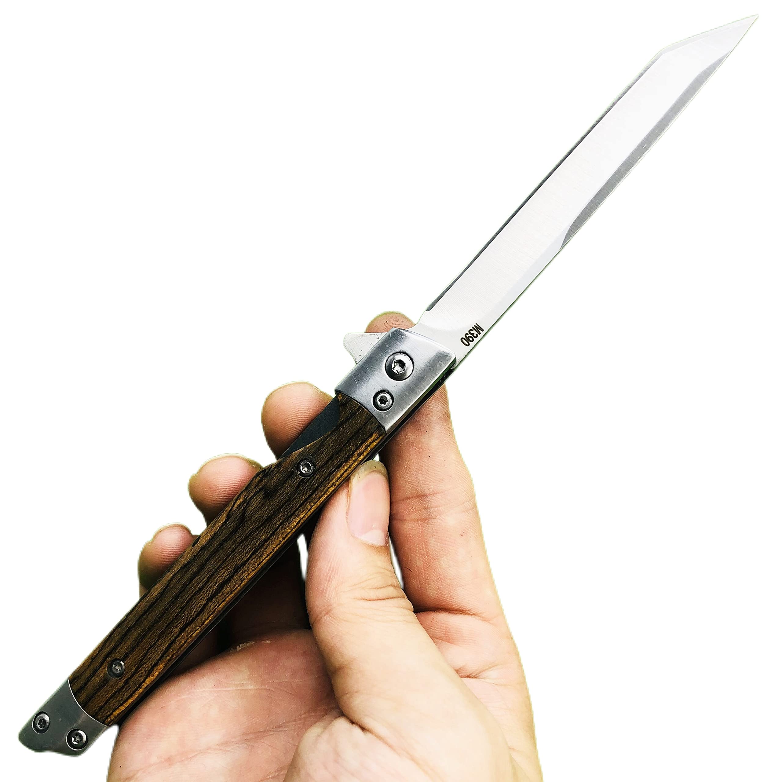 HOLYEDGE 8.5" Wooden Handle Damascus Style Folding Blade Knife - Best Outdoor Camping,Hunting Tactical Survival Knife W/Sheath (Tanto Blade)