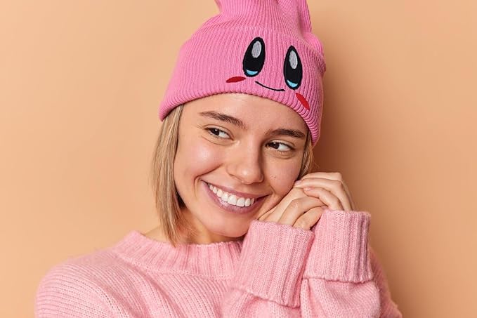 JILANI HANDICRAFT Kir-by Beanies hat Lovely face Embroidery Winter Knitted Hat Bonnet Cap Girls Boys Skiing Warm Unisex (Pink)