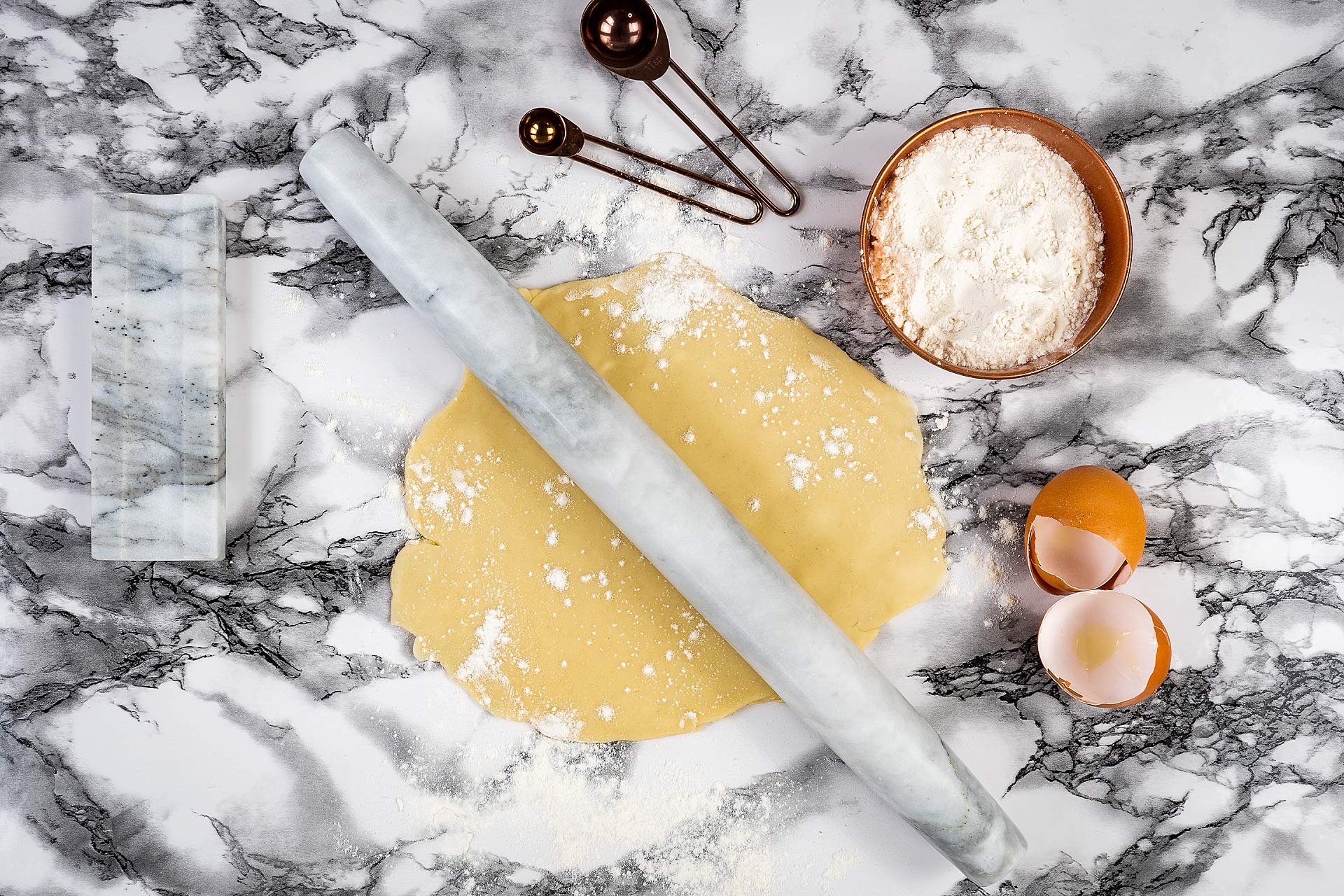 Marble French Rolling Pin for Baking Pizza Dough, Pie & Cookie With Stand - Nonstick Essential Kitchen utensil tools gift ideas for bakers 16" inch Pins (White Marble)