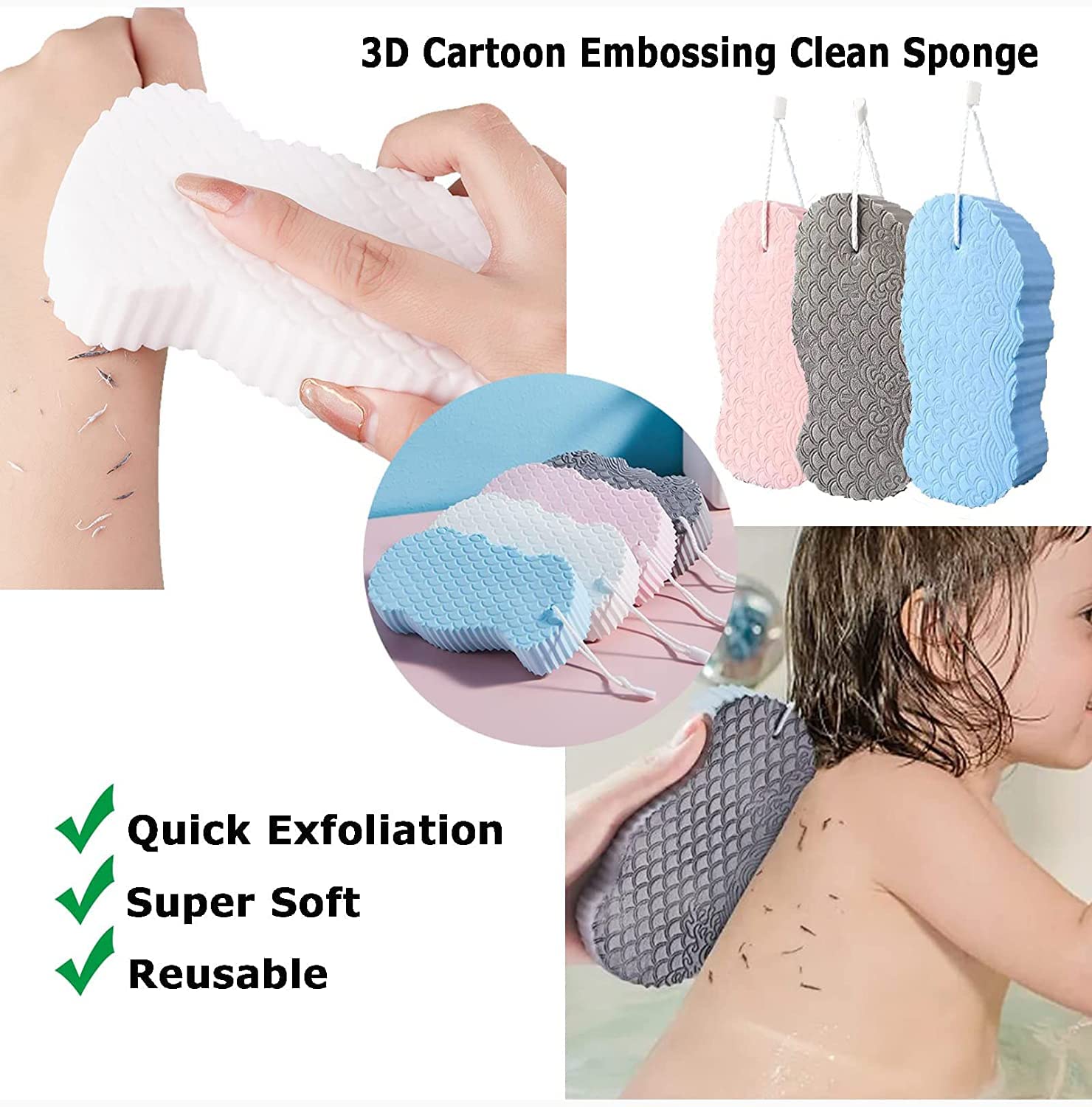 Magic Exfoliating Bath Sponge Ultra Soft Bath Body Shower Sponge, Reusable Bath Sponge Multiple Textures for Gentle Cleansing and Deep Exfoliation, Fit for All Ages (Blue+Pink)