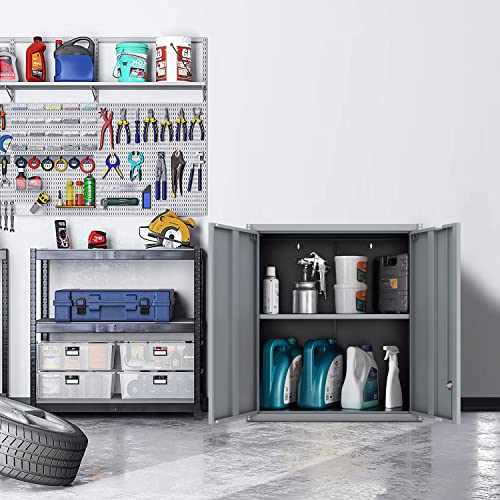 GREATMEET Metal Locking Wall Storage Cabinet with 1 Adjustable Shelf, Wall Mount Cabinet for Home Office,Garage,Laundry Room, Gray