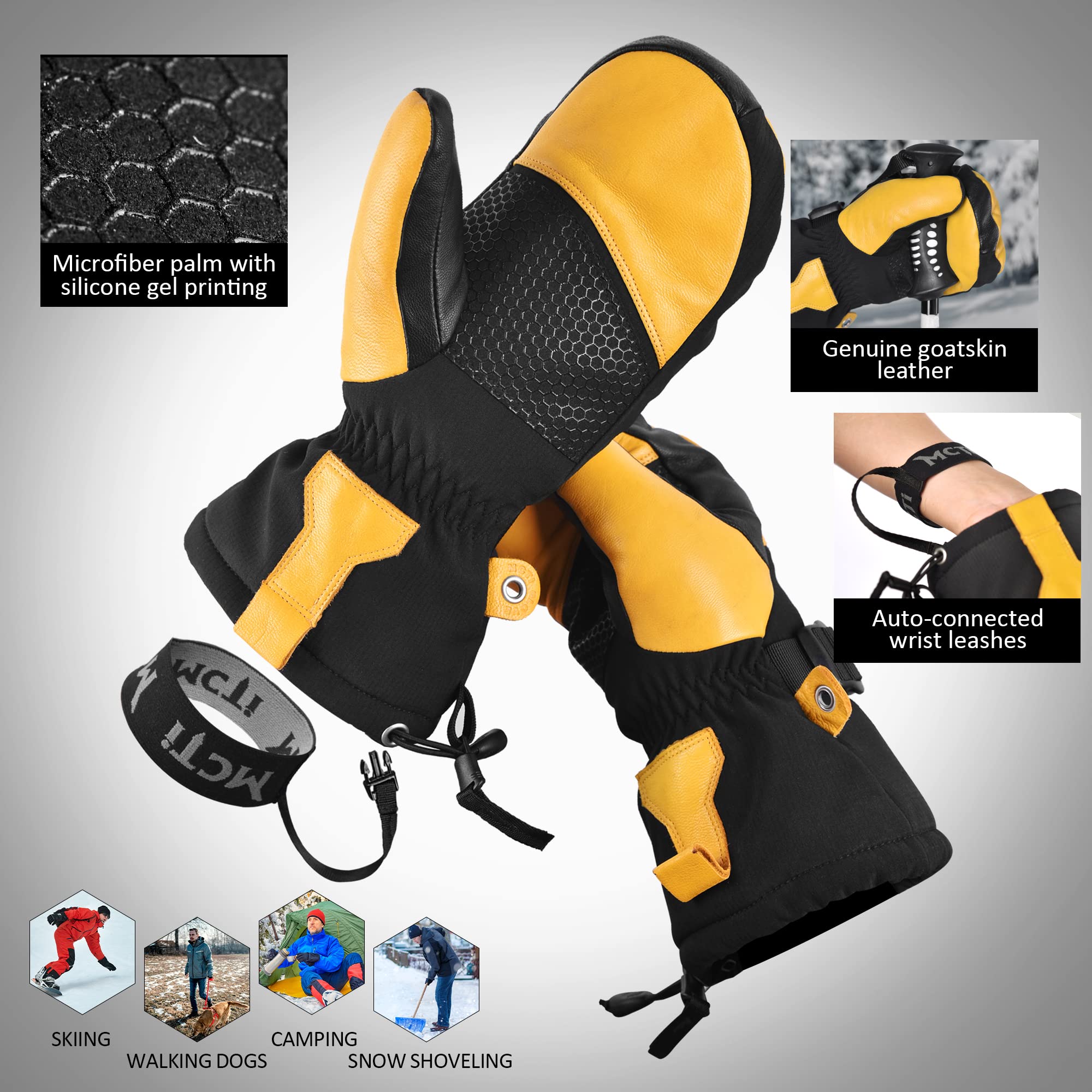 MCTi Ski Mittens Leather Mitten Winter Cold Weather Waterproof Snow Mitt for Men(Yellow, Large)