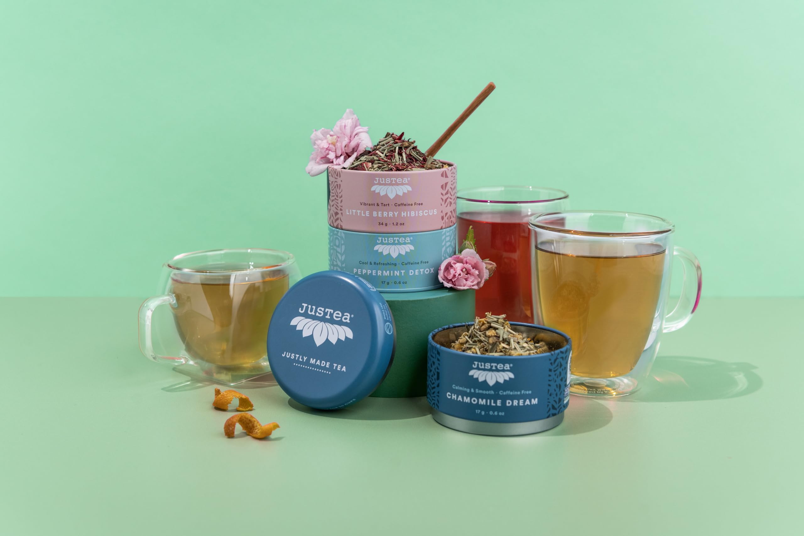 JusTea Herbal Tea Trio | Stacking Tins Variety Pack with Hand Carved Tea Spoon | Loose Leaf Tea | Caffeine Free | Award-Winning | Fair Trade | Non-GMO