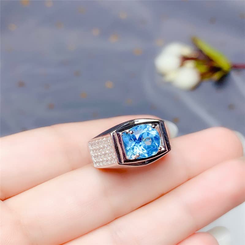 Men Ring Real 925 Sterling Silver 8MM Natural Blue Topaz Ring Fine Jewelry for Men Birthday Anniversary Party Gift ping