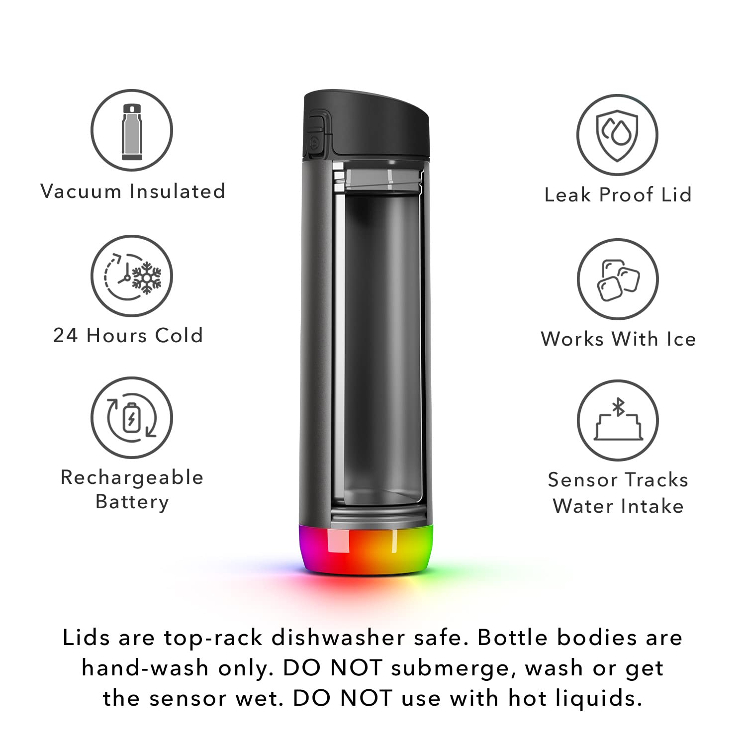 Hidrate Spark PRO Smart Water Bottle – Tracks Water Intake with Bluetooth, LED Glow Reminder When You Need to Drink – Chug Lid, 21oz, Black