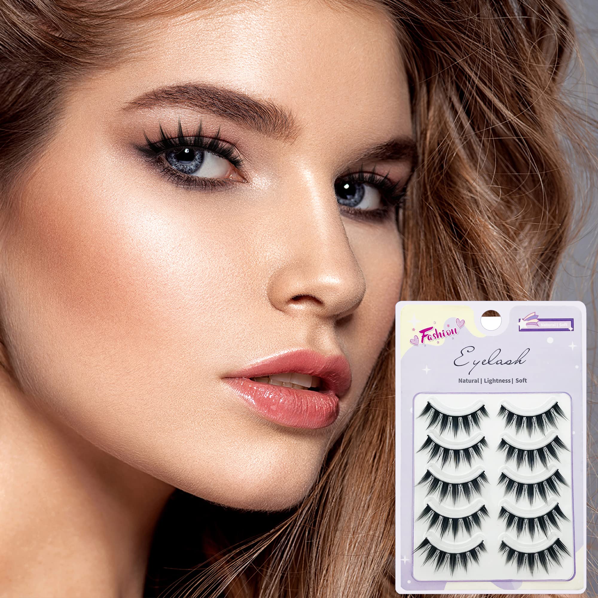 Manga Lashes, Wispy Anime False Eyelashes Natural Look, Fluffy Spiky 3D Doll Eyelashes, Korean Japanese Asian Cosplay Strip Lashes Look Like Individual Cluster, Reusable Lashes, 5 Pack