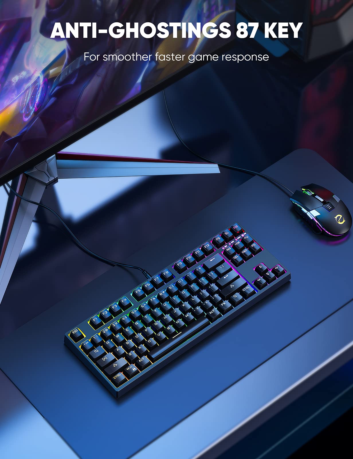 hiwings TKL Mechanical Keyboard, Compact Gaming Keyboard RGB Rainbow Backlit 80% 87 Keys Wired Keyboard with Blue Switches for Windows, Mac with Type C Adapter (Extra OTG) (Black)