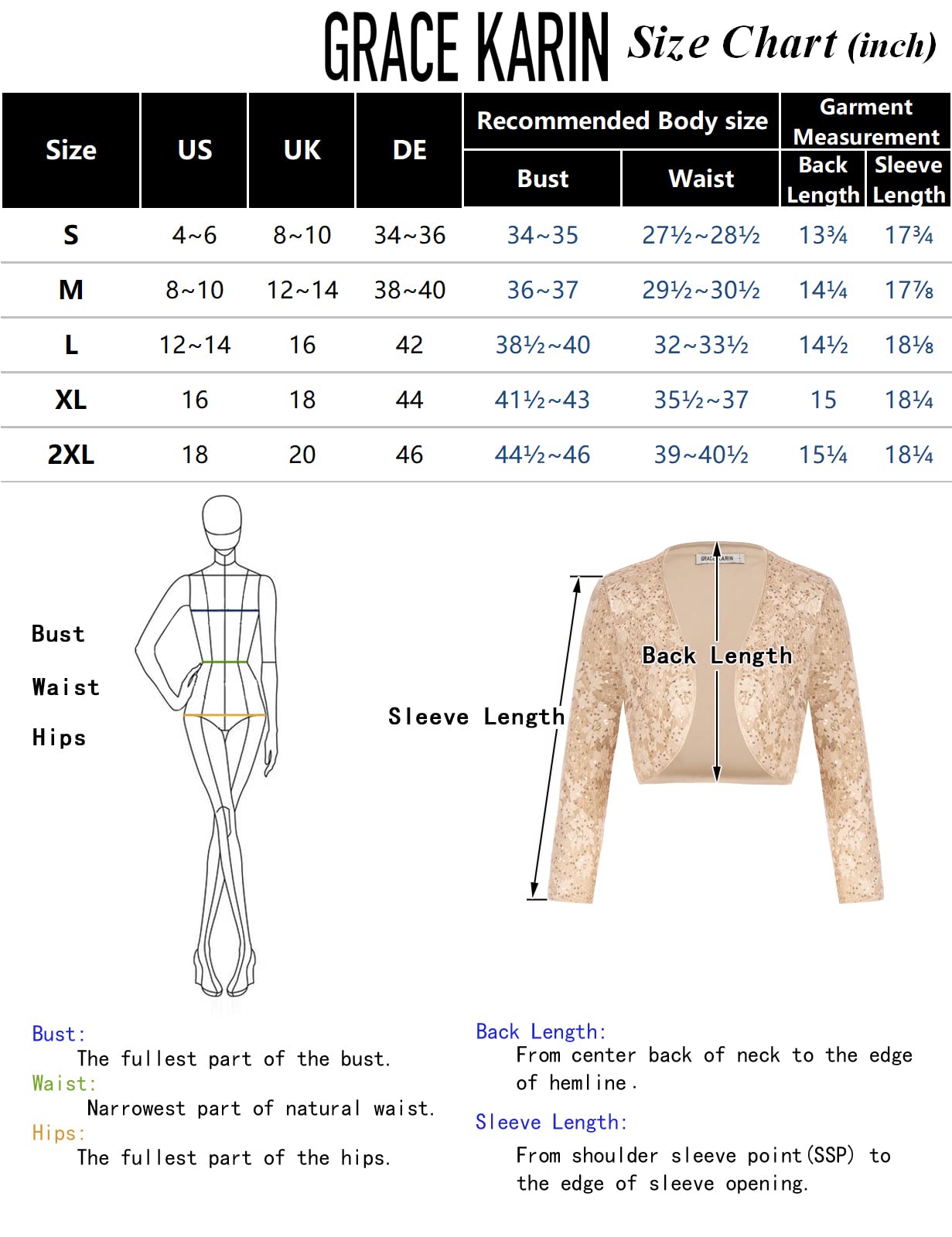 GRACE KARIN Women's Sequin Jacket 3/4 Sleeve Open Front Glitter Cropped Blazer Bolero Shrug Royal Blue XL