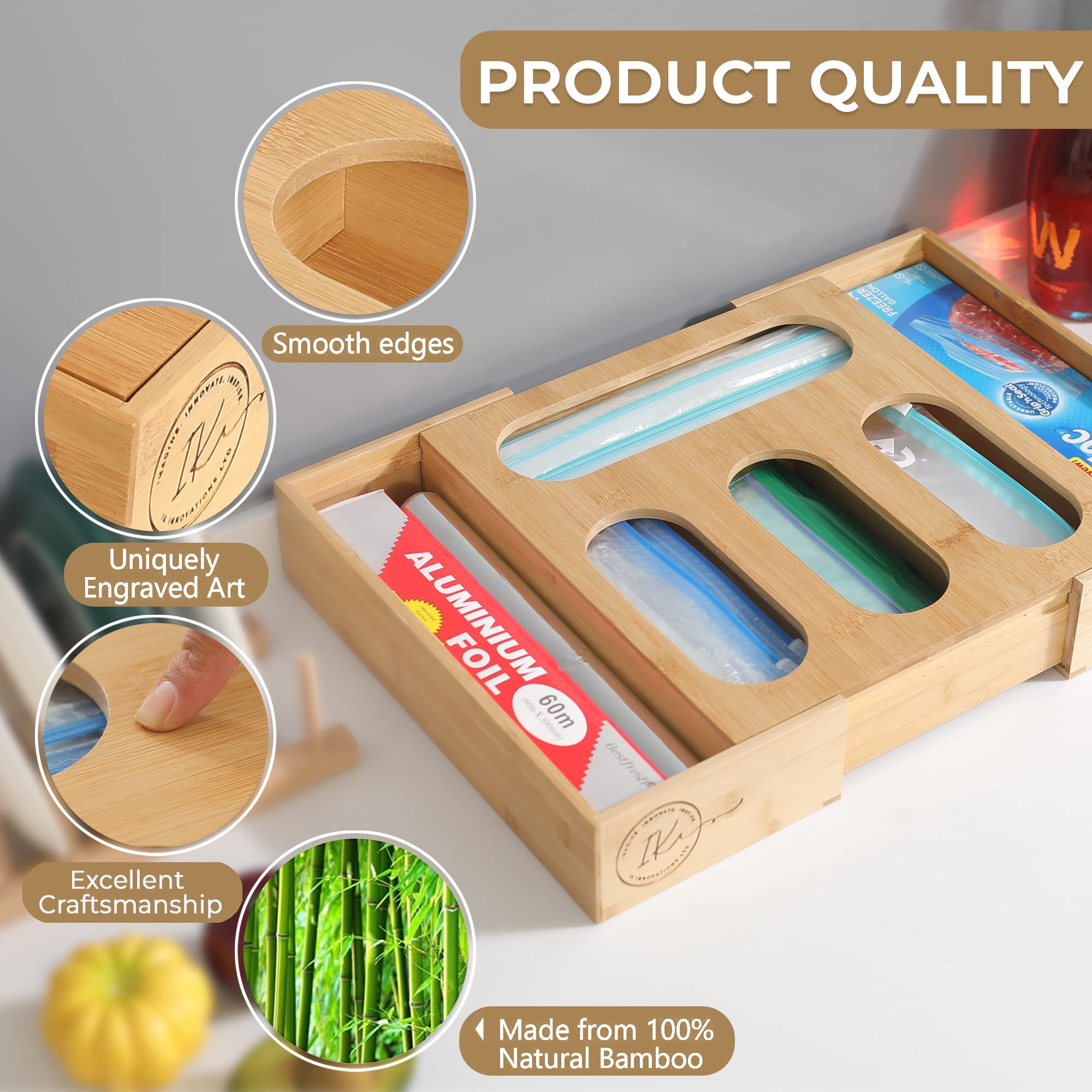 IK Innovations Bamboo Ziplock Bag Organizer for Drawer 7-In-1 Expandable Foil and Plastic Wrap Organizer 12” With Baggie Holder | Ziplock Bag Storage Organizer for Gallon Quart Sandwich Snack Bags
