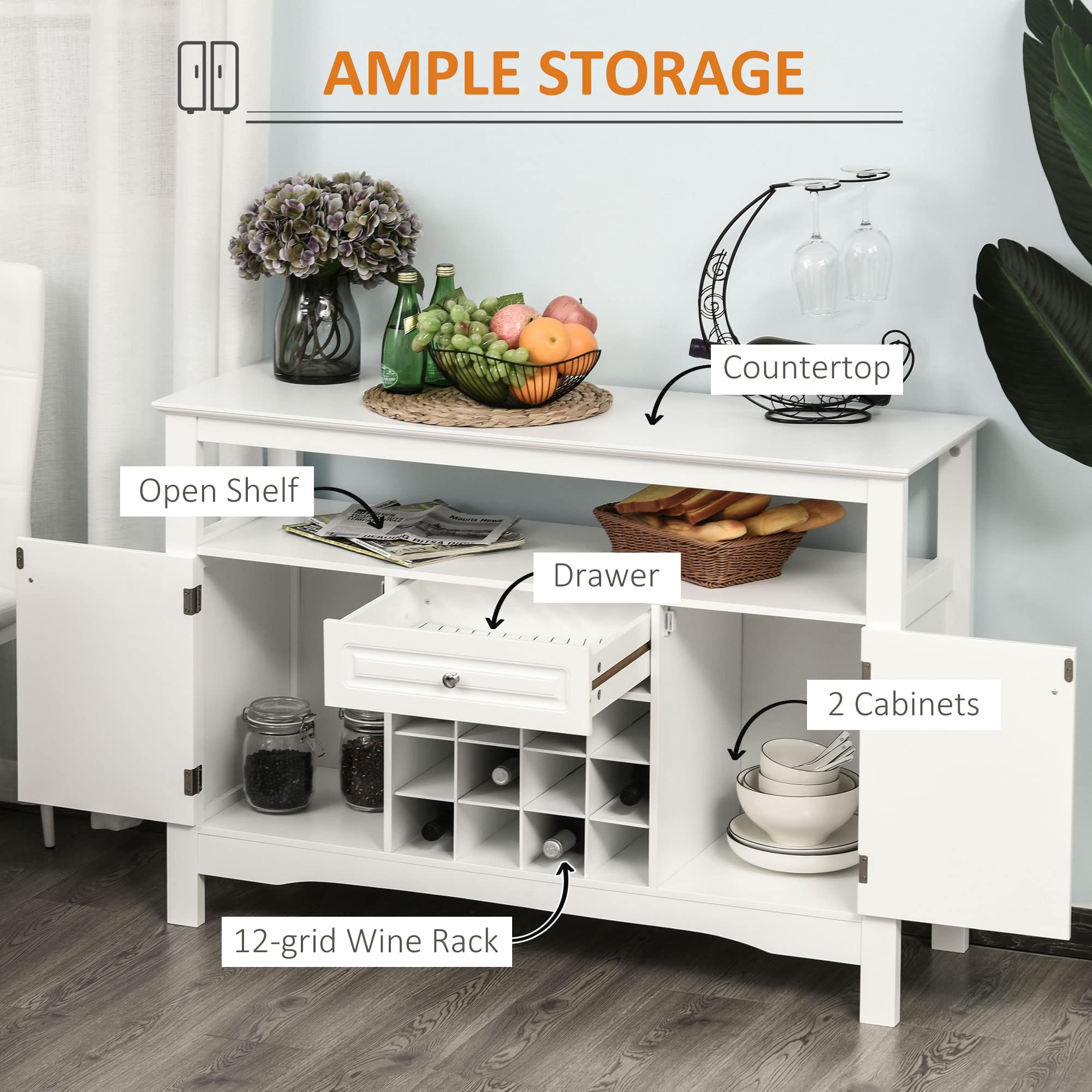 HOMCOM Coffee Bar Cabinet, Modern Sideboard Buffet Cabinet, Wine Cabinet with Drawer and 12-Bottle Wine Rack for Living Room, White