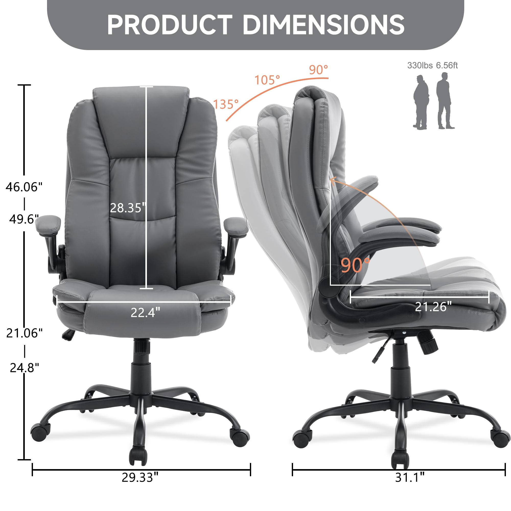High Back Office Chair, Leather Executive Office Chair, Ergonomic Home Office Desk Chair with Flip-up Arms and Back Support,Comfortable Computer Desk Chairs with Wheels