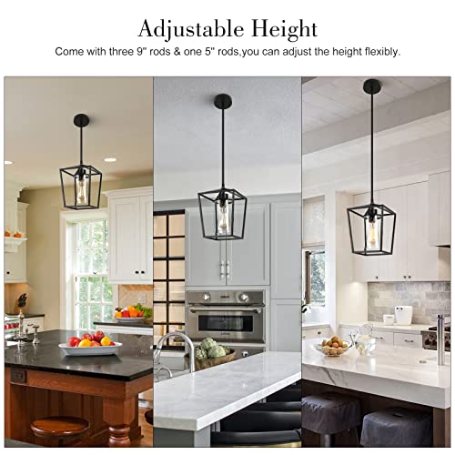 GZJunYo 1-Light Black Pendant Light Fixture Farmhouse Iron Cage Metal Pendant Light Lantern Hanging Light Fixtures with Clear Glass Shade for Kitchen Island, Entryway, Dining Room, Hallway