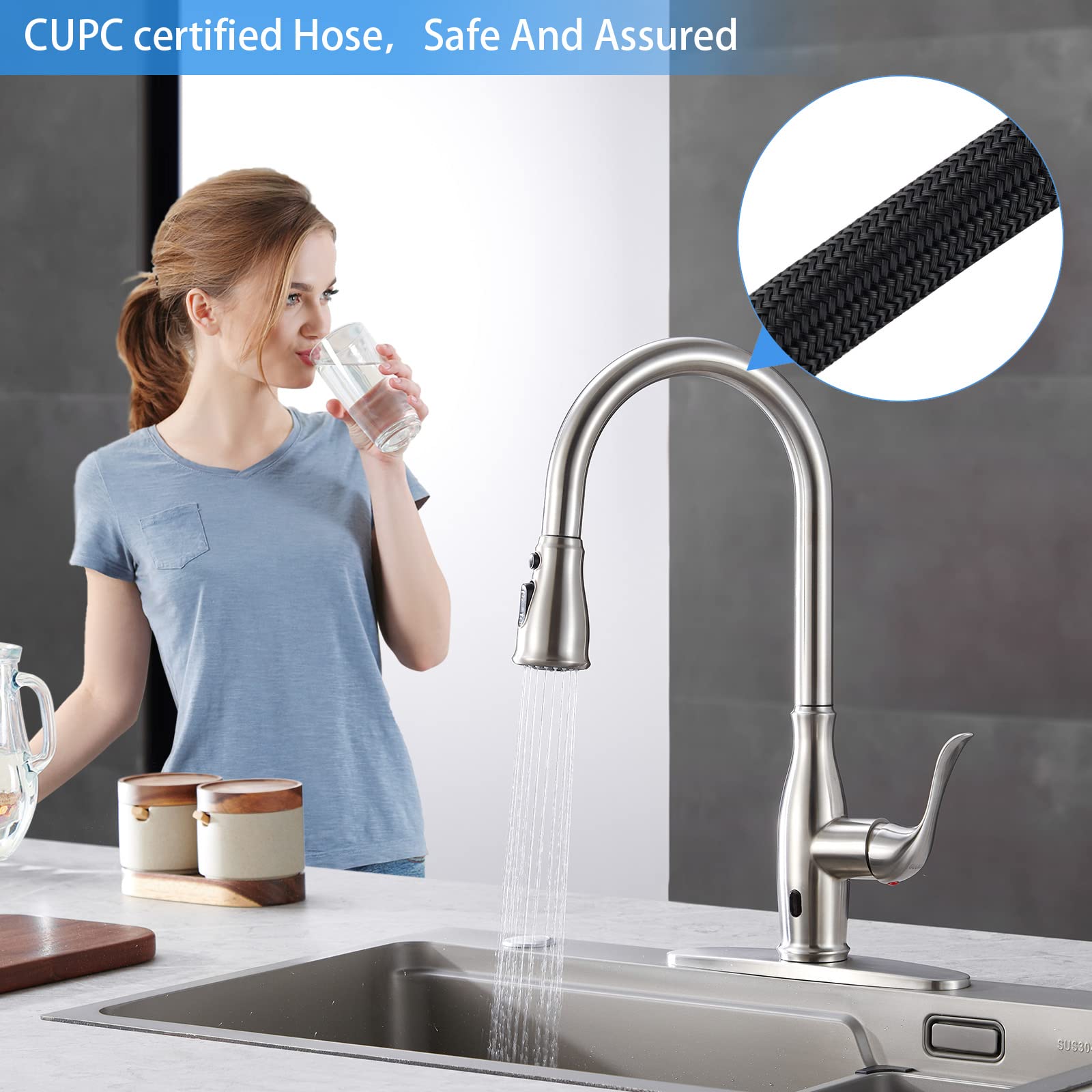 GUUKAR Touchless Kitchen Faucet with Pull Down Sprayer, Motion Sensor Smart Hands-Free Automatic Single Handle Kitchen Sink Faucet, Stainless Steel Brushed Nickel Finish