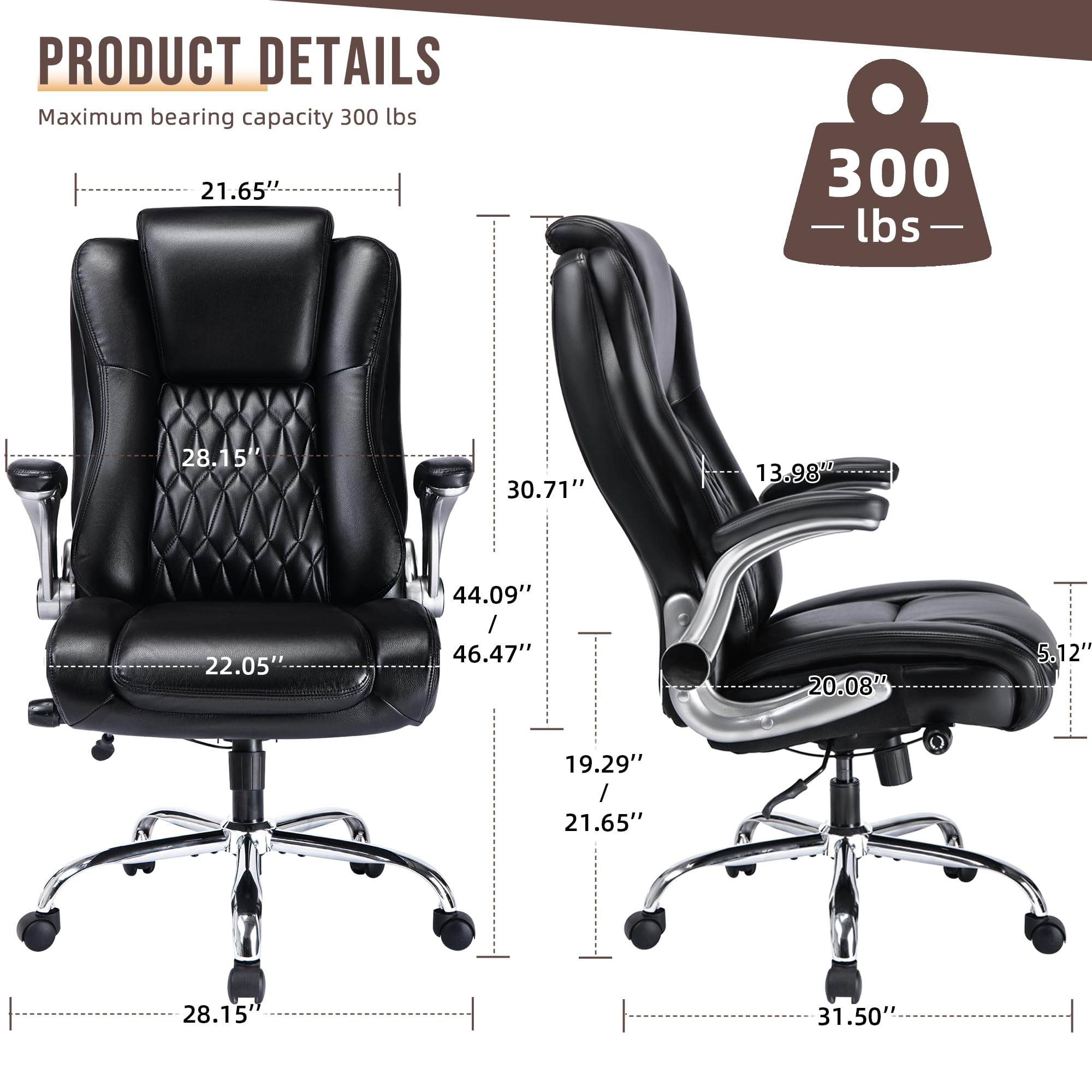 High Back Office Chair with Flip-up Armrests - Lifting Headrest, Built-in Adjustable Lumbar Support, Comfortable Home Office Chair, Executive Office Chair, Ergonomic Design, Sturdy Metal Base