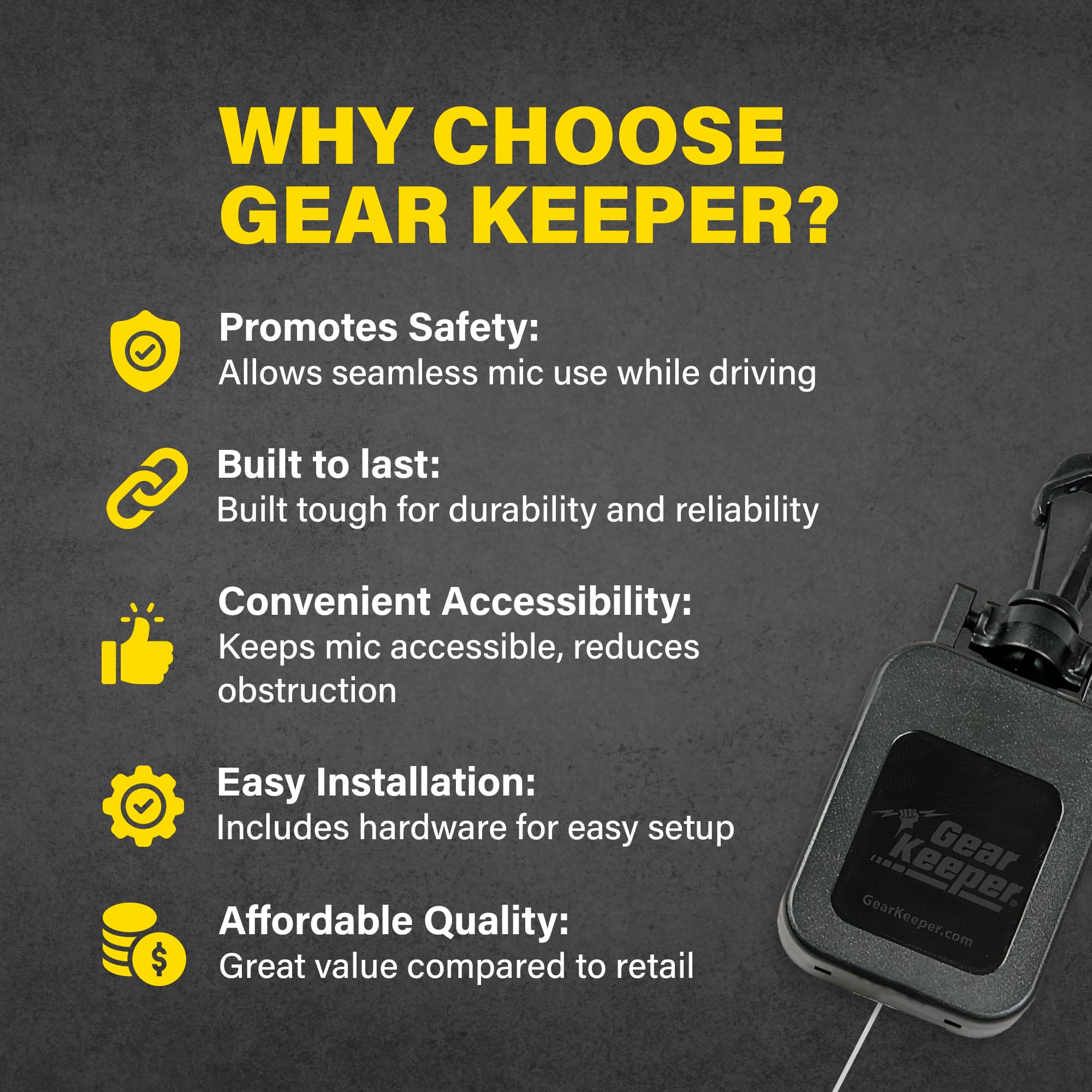 Gear Keeper CB MIC KEEPER Retractable Microphone Holder RT4-4112 – Features Heavy-Duty Snap Clip Mount, Adjustable Mic Lanyard and Hardware Mounting Kit - Made in USA – Black