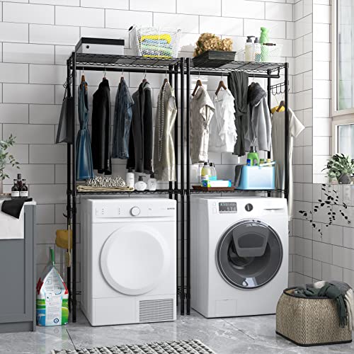 Xiofio Over The Washer and Dryer Storage Shelf 2 Tier Adjustable Height Shelving Units and Side Hook Laundry Shelves Used for Bathroom Bedroom Balcony Drying Rack Towel Rack Handbag Rack ,Black
