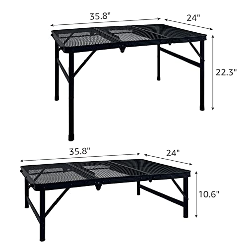 juserox Camping Table, 3FT Portable Folding Grill Table with Aluminum Frame and Metal Desktop, Height Adjustable Lightweight Outdoor Table with Carry Handle for Camping Picnic RV BBQ Beach, Black