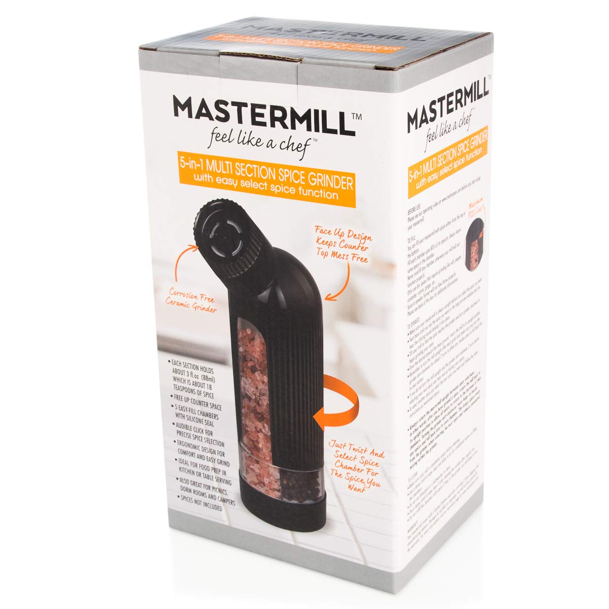 MasterMill 5-in-1 Multi Section Spice Mill, Salt and Pepper Mill Ceramic Combo Multi Spice Dispenser Container Kitchen Organization and Storage