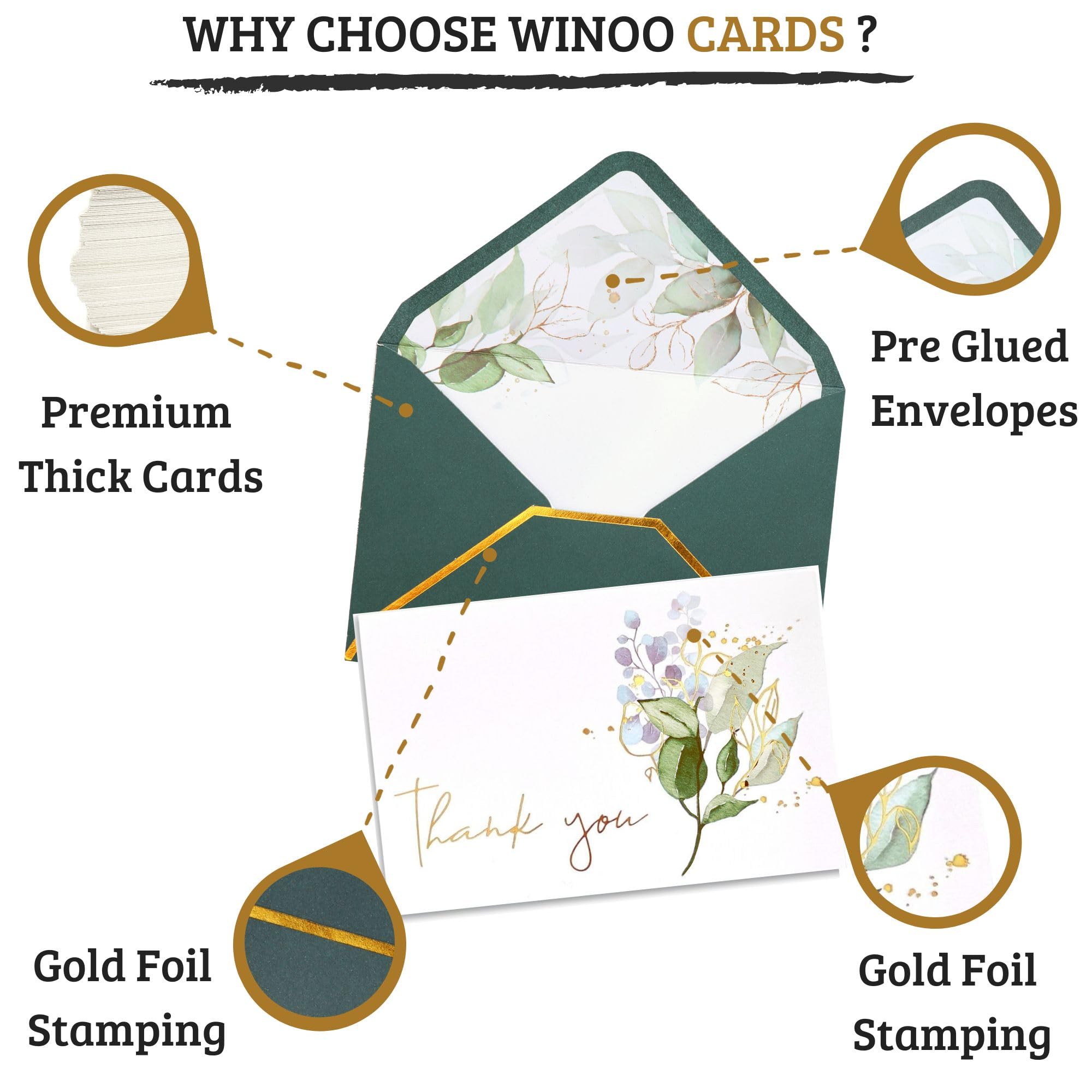 Heavy Duty Thank You Cards with Envelopes - 36 PK Gold Notes 4x6 Inches Baby Shower Wedding Small Business Graduation Funeral Bridal (Greenery)