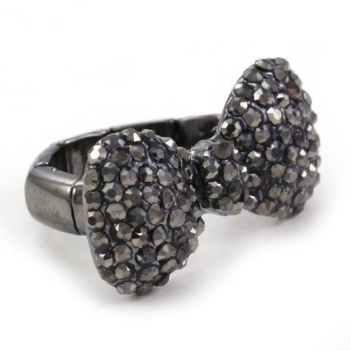 Gray Rhinestone Ribbon Bowtie Party Cocktail Ring Adjustable Stretch Band Valentine's Day Jewelry