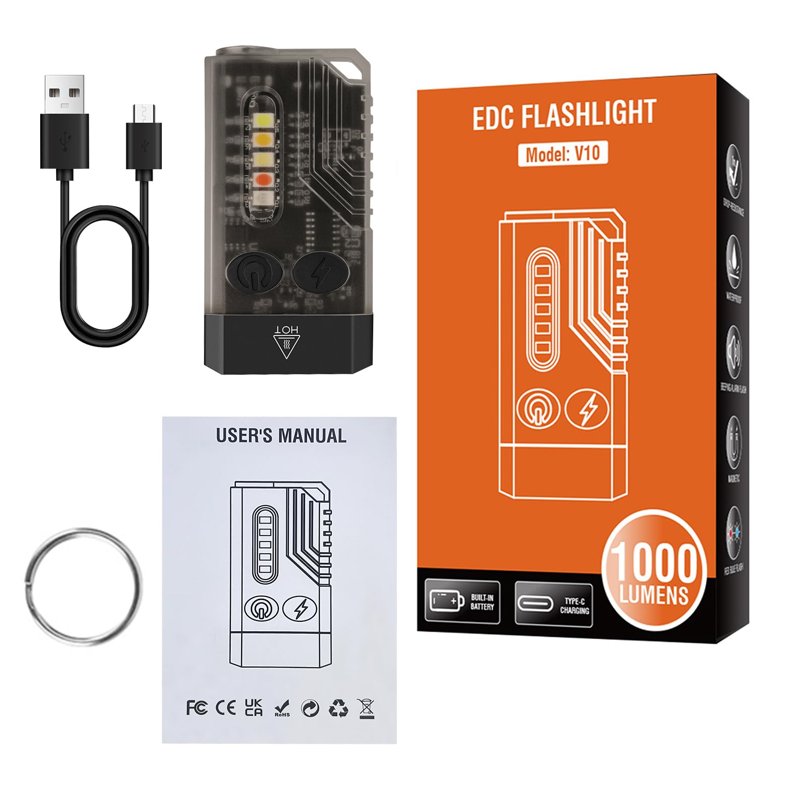 Hisim Mini Powerful Keychain Bright 1000 Lumens EDC Flashlight with 14 Lighting Modes, 365NM UV Light COB Side Light IPX4 Pocket Tail Magnet Buzzer Alarm Rechargeable Flashlight Black