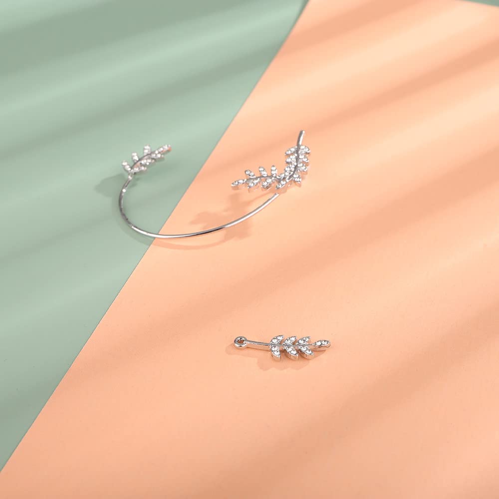 Jumwrit Rhinestone Ear Cuffs Leaf Ear Jacket Climber Crawler Earrings Ear Wrap Earrings Cute Hypoallergenic Stud Earrings for Women Girls(Silver)
