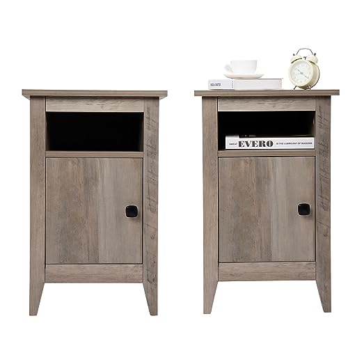 Gecheer Set of 2 Narrow Nightstand, Wooden Side Table with Open Shelf and Cabinet, Rustic End Table for Living Room, Bedroom, Grayish Brown