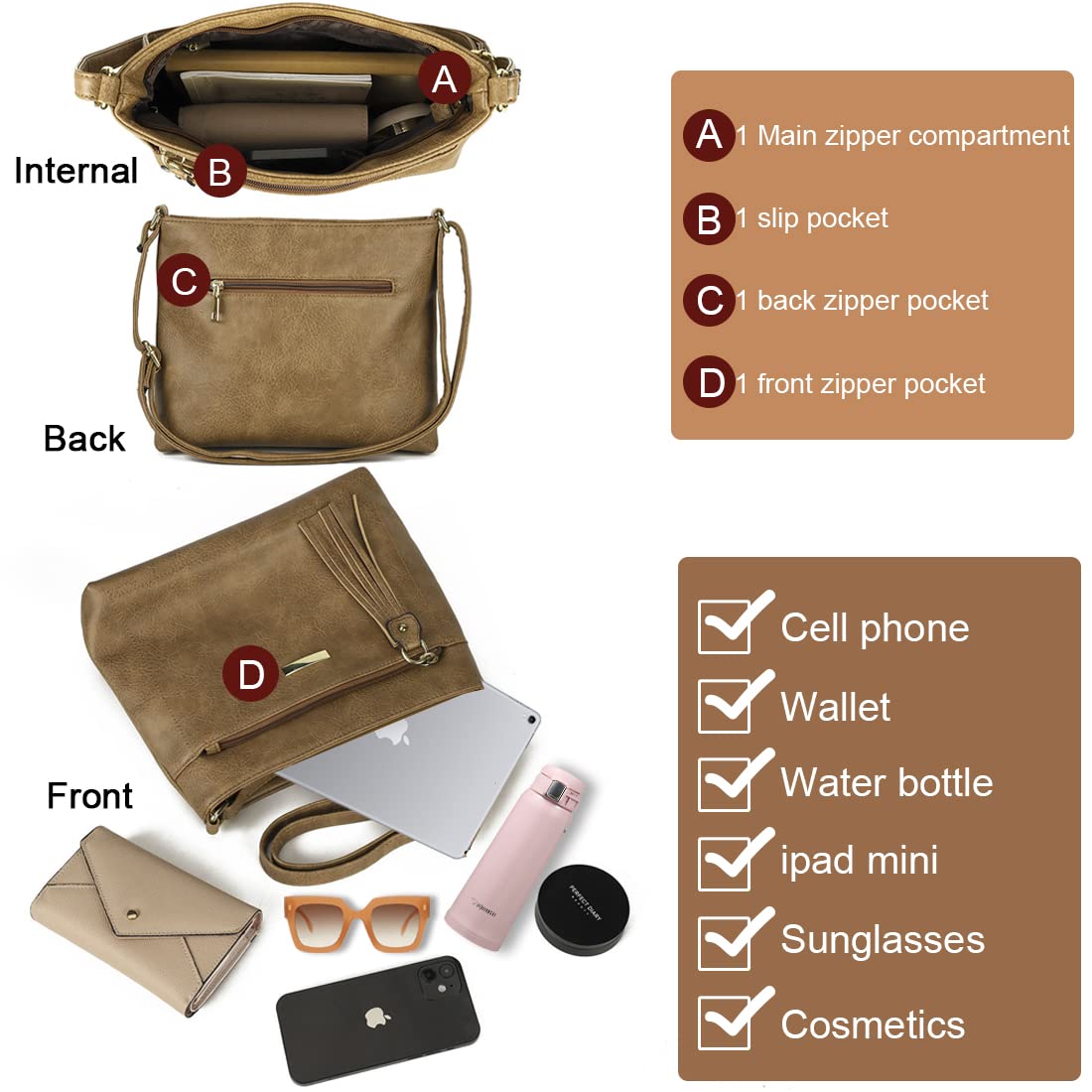Medium Sized Retro Style Hobo Bag Zipper Shoulder Purse with Tassel Decoration Crossbody Handbag for Women (Brown)